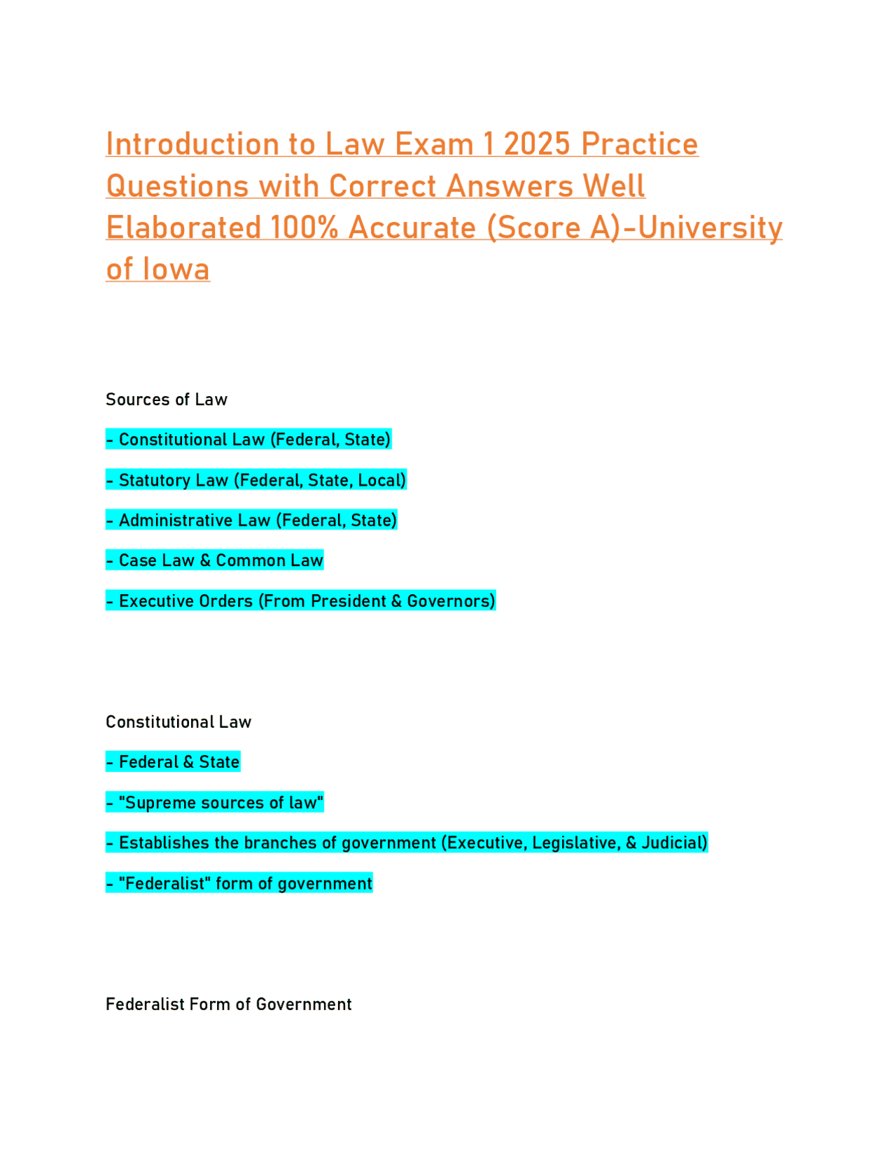 Introduction to Law Exam 1 2025 Practice Questions with Correct Answers ...