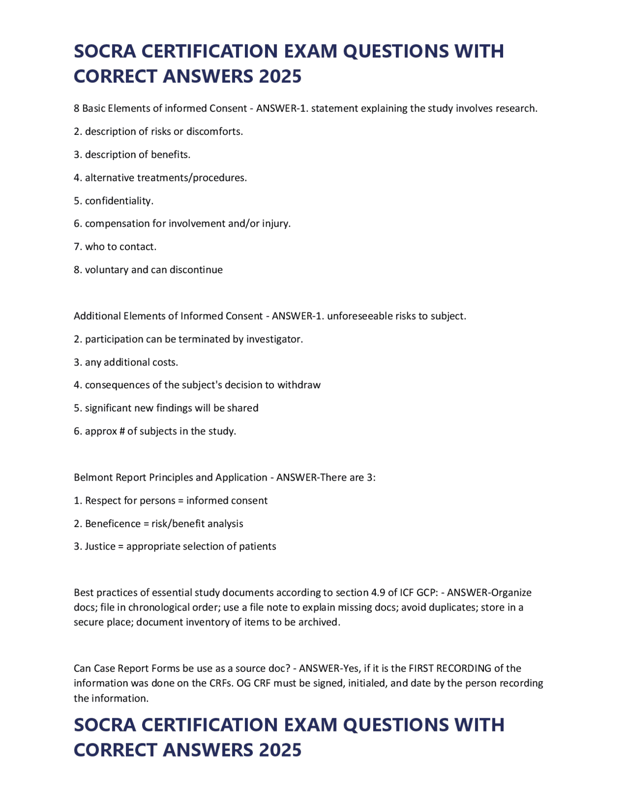 SOCRA CERTIFICATION EXAM QUESTIONS WITH CORRECT ANSWERS 2025 | Exams ...