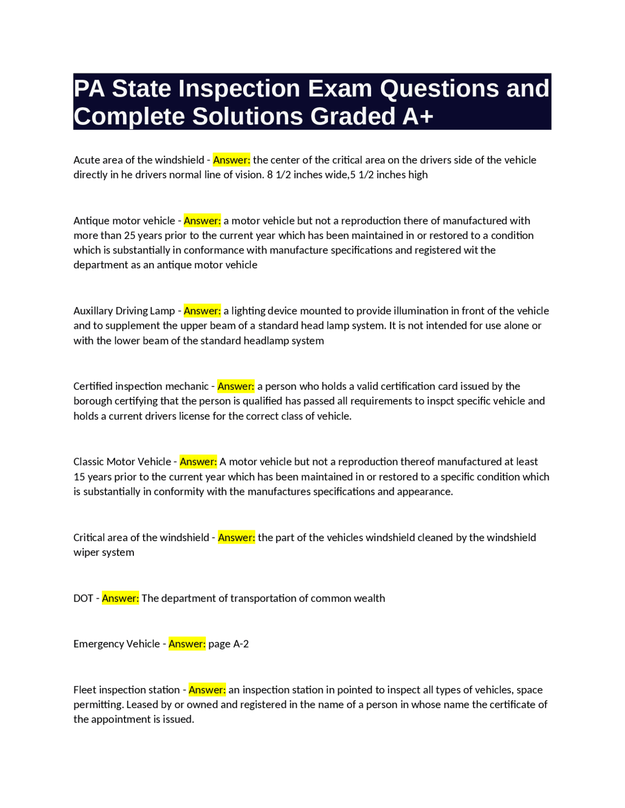 PA State Inspection Exam Questions and Complete Solutions Graded A+ ...