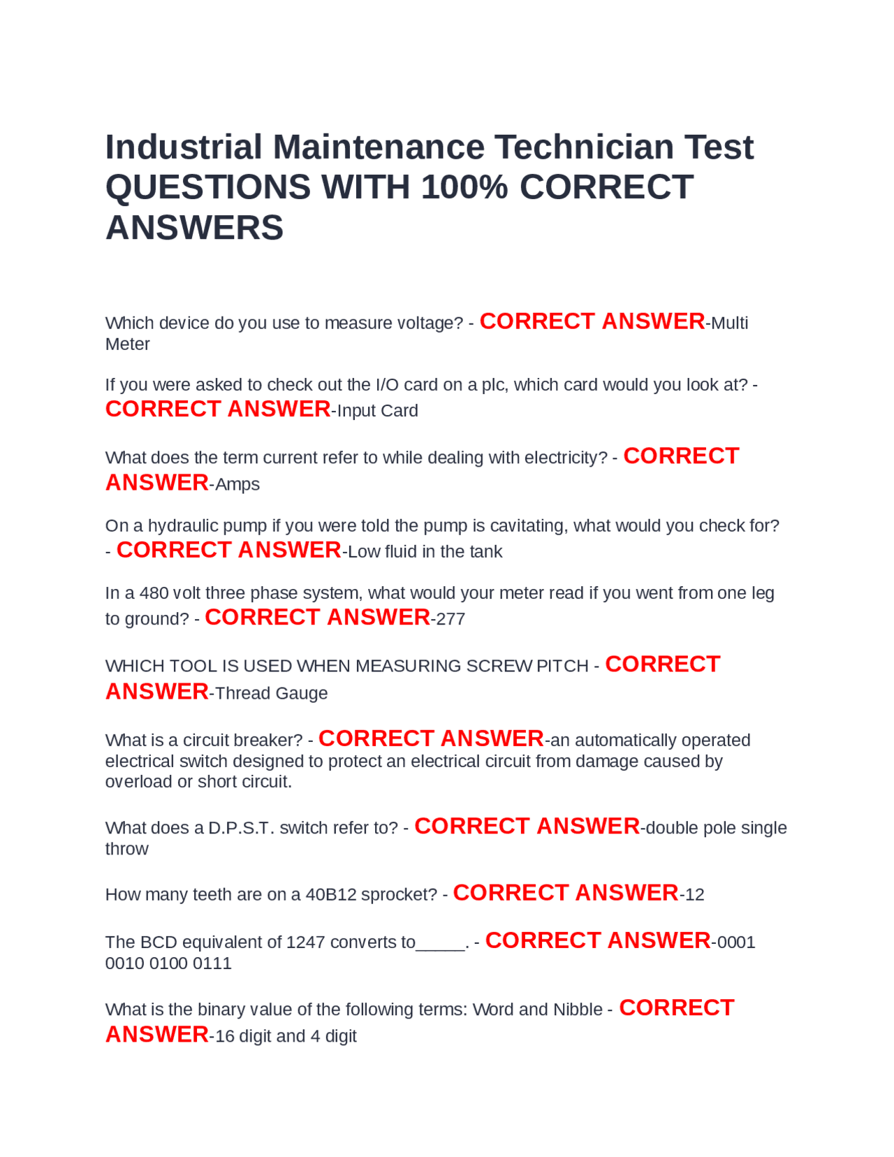 Industrial Maintenance Technician Test QUESTIONS WITH 100% CORRECT ...