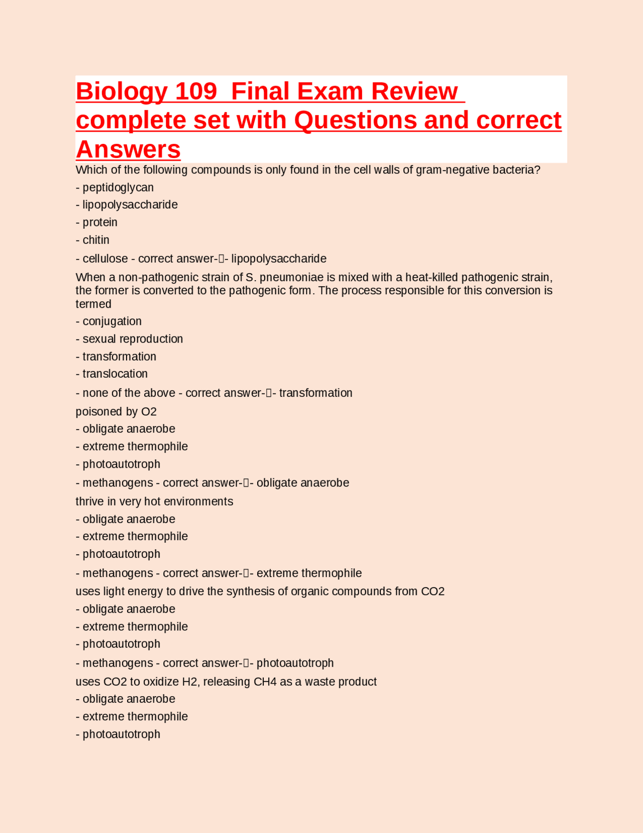Biology 109 Final Exam Review complete set with Questions and correct ...