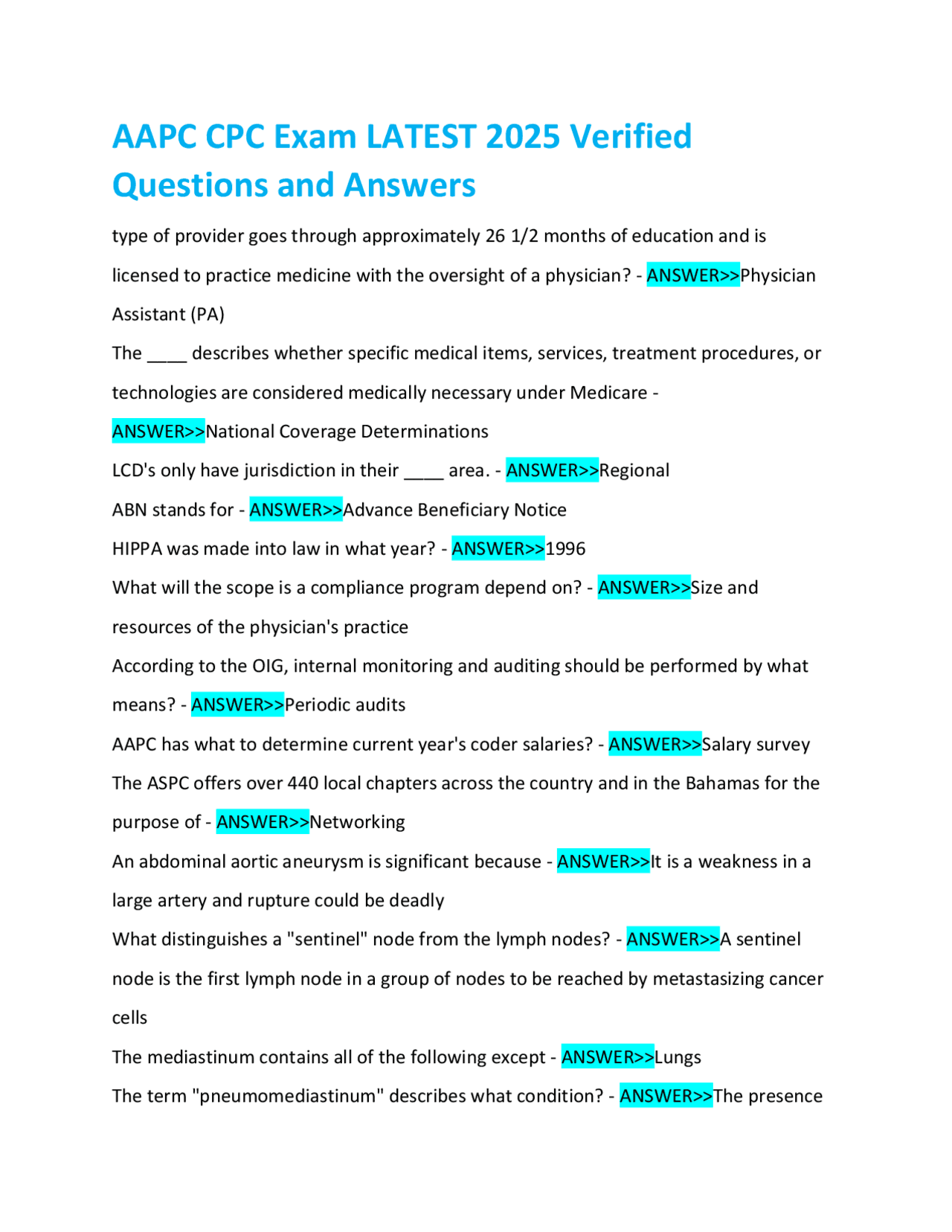 AAPC CPC Exam LATEST 2025 Verified Questions and Answers GUARANTEED ...