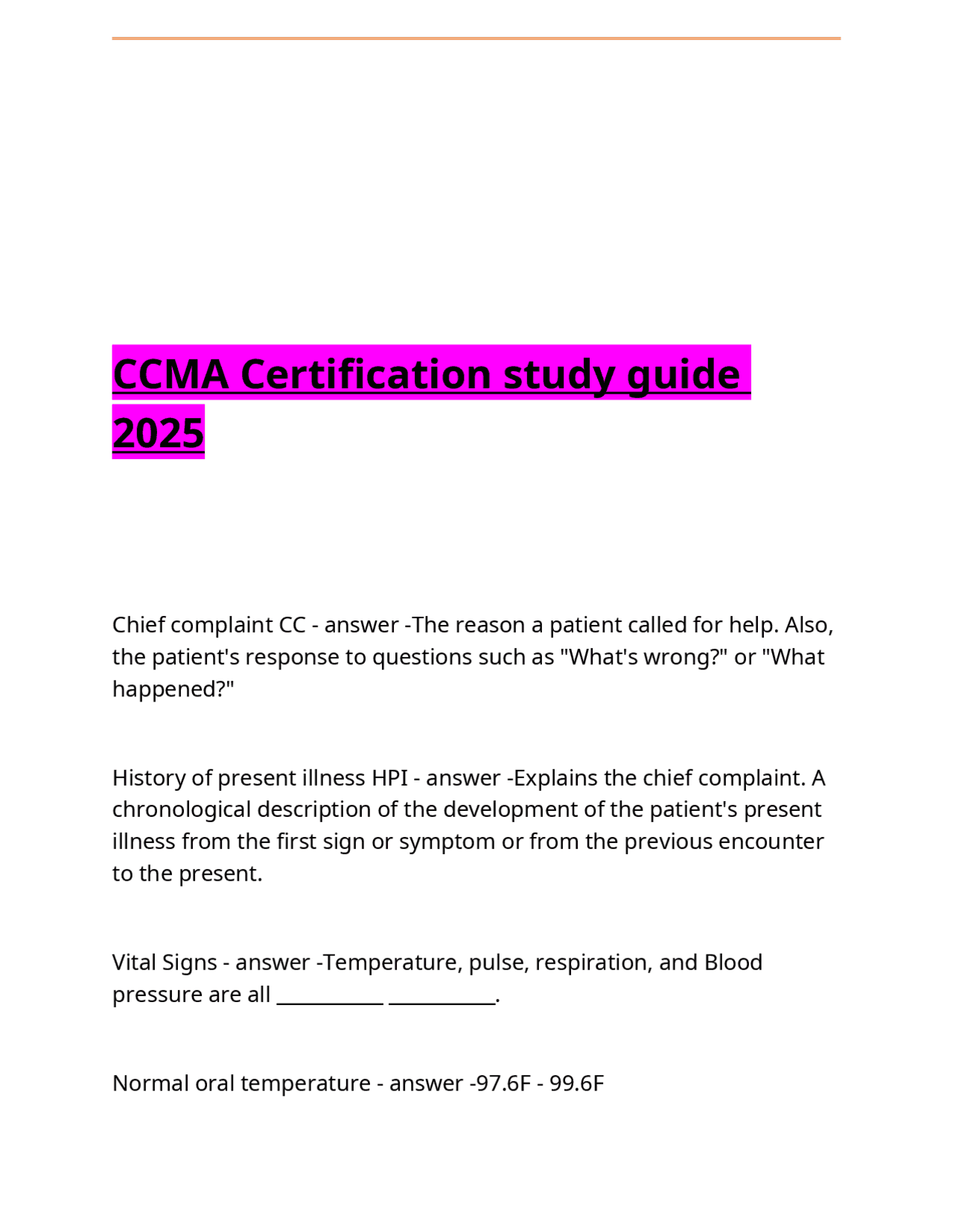 CCMA Certification study guide 2025.docx | Exams Nursing | Docsity
