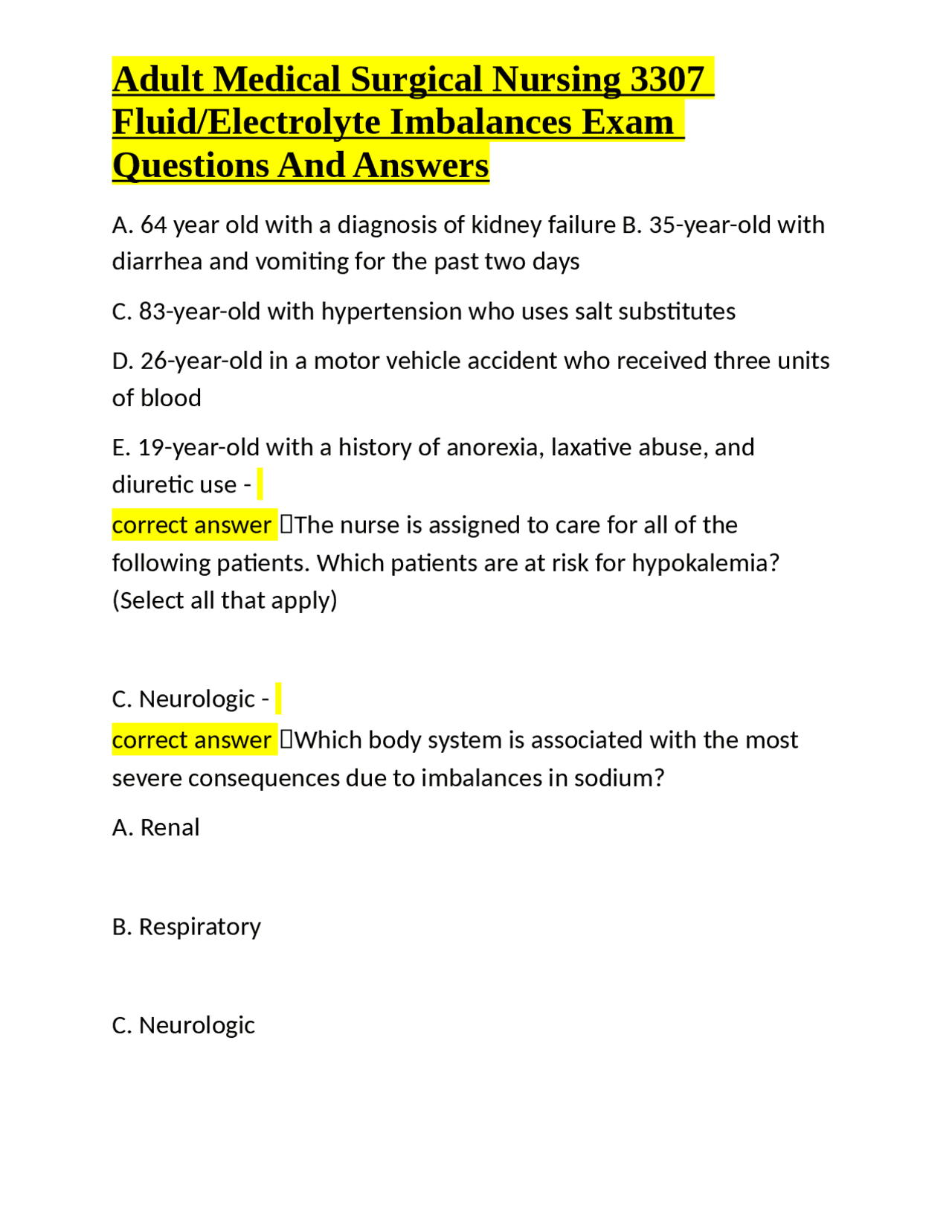 Adult Medical Surgical Nursing 3307 Fluid/Electrolyte Imbalances Exam ...
