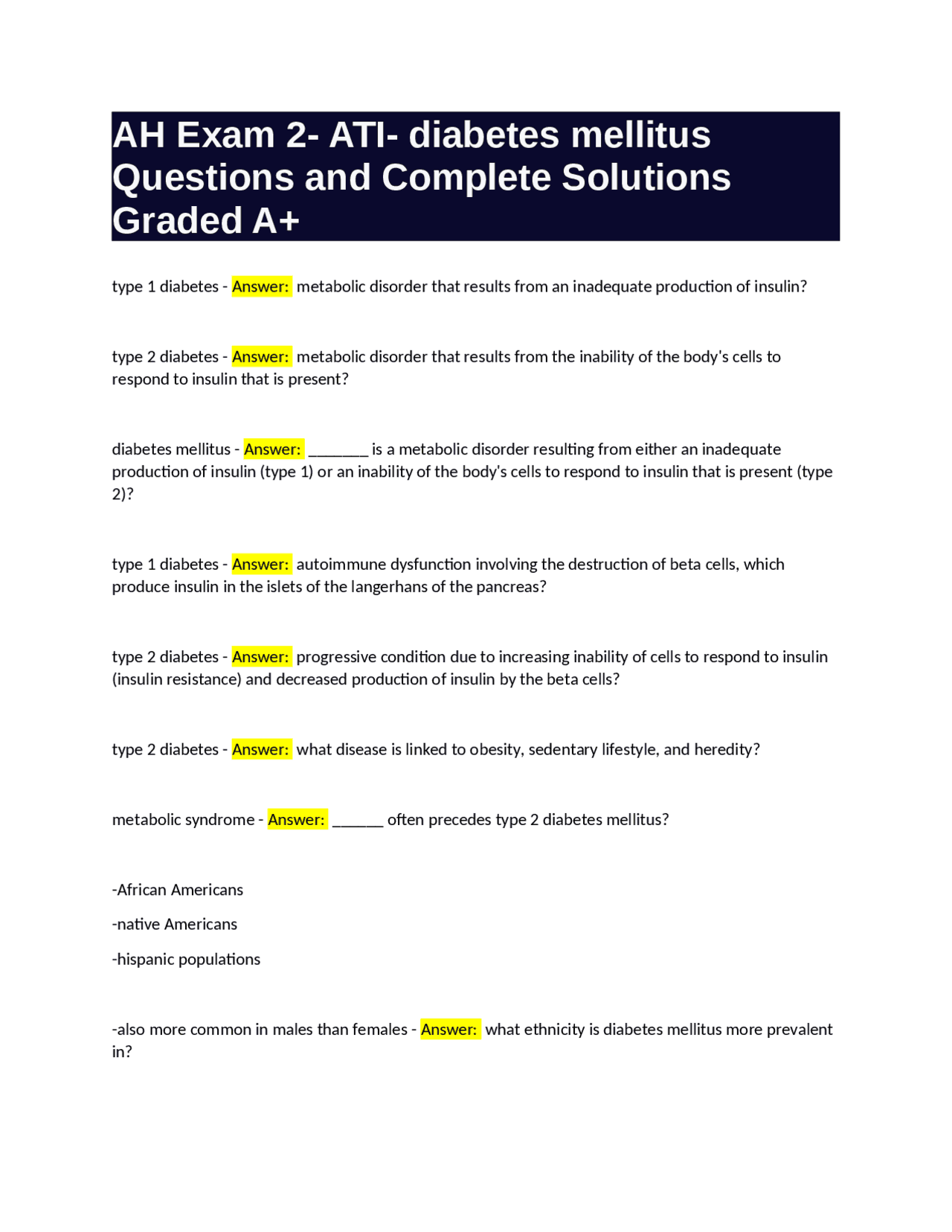 AH Exam 2- ATI- diabetes mellitus Questions and Complete Solutions ...