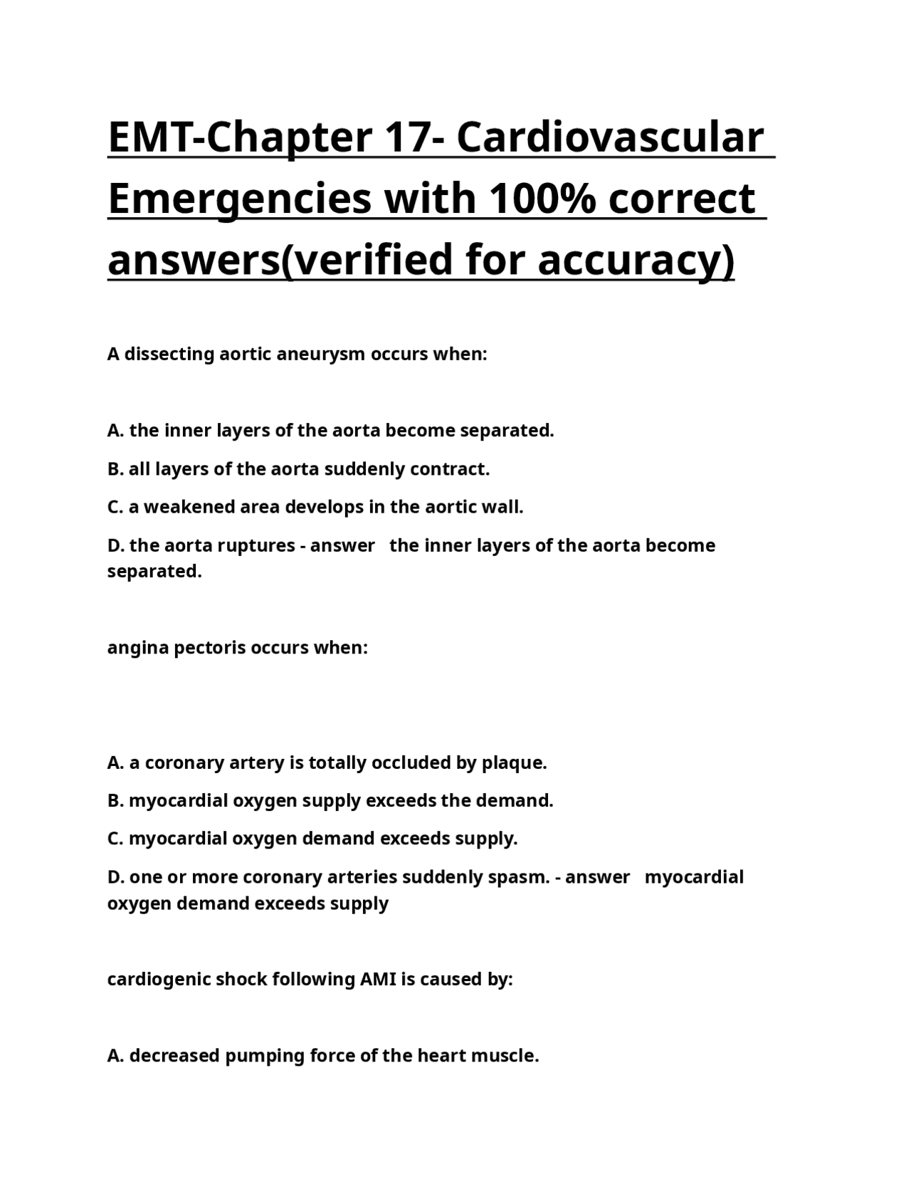 EMT-Chapter 17- Cardiovascular Emergencies with 100% correct answers ...