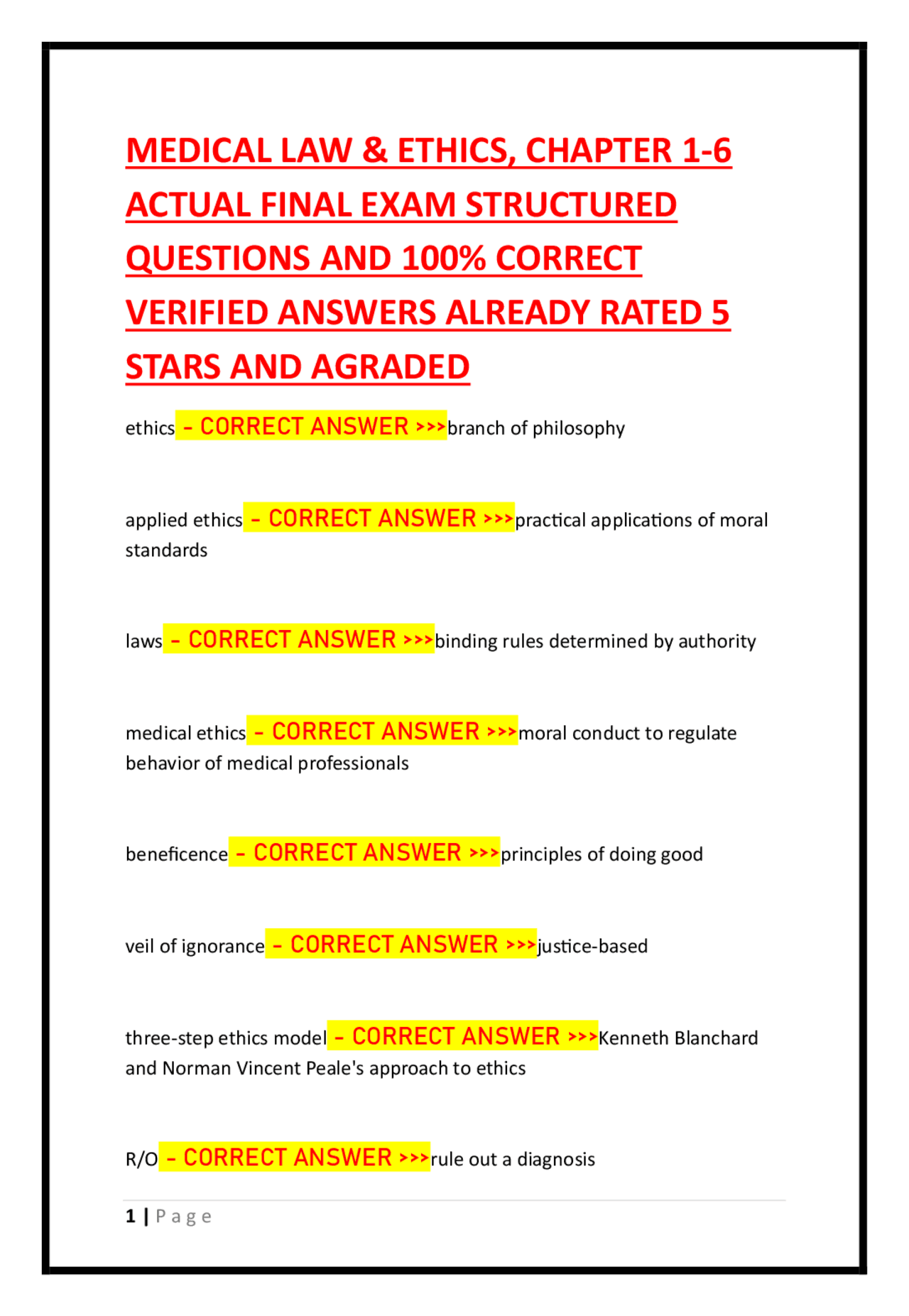 MEDICAL LAW & ETHICS, CHAPTER 1-6 ACTUAL FINAL EXAM STRUCTURED QUESTIONS AND ANSWERS | Exams ...