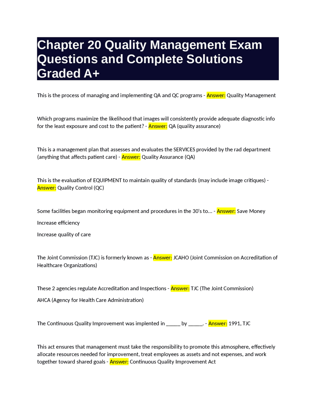 Chapter 20 Quality Management Exam Questions and Complete Solutions ...