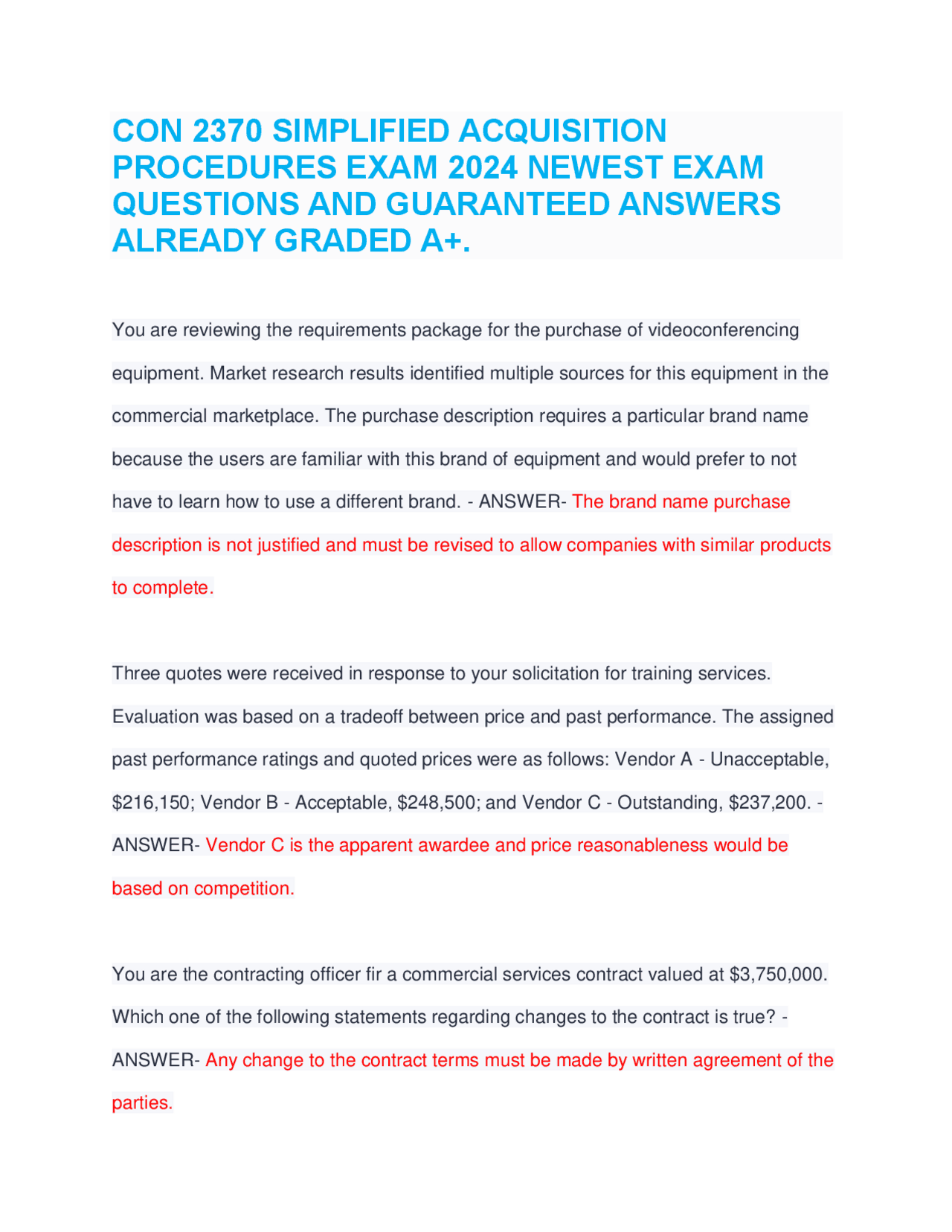 CON 2370 SIMPLIFIED ACQUISITION PROCEDURES EXAM 2024 NEWEST EXAM ...