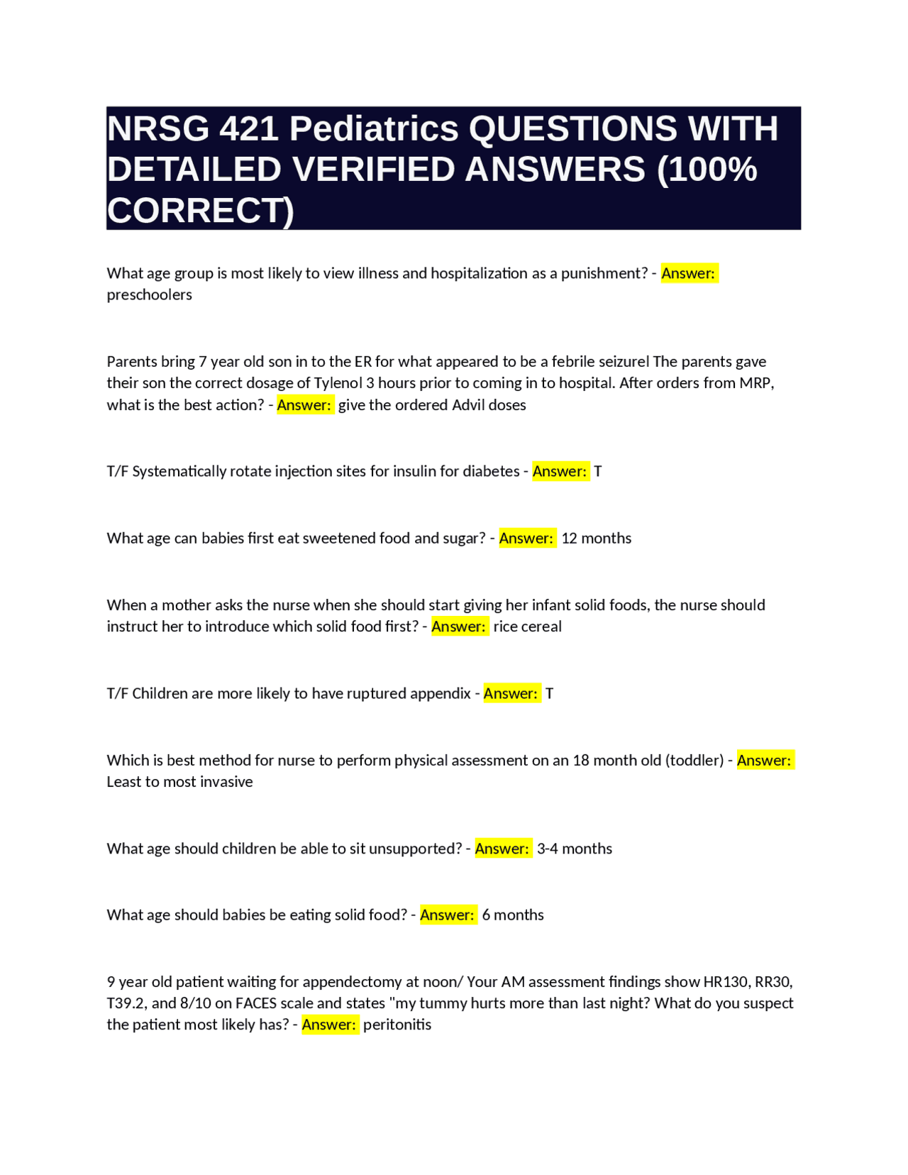 NRSG 421 Pediatrics QUESTIONS WITH DETAILED VERIFIED ANSWERS (100% ...