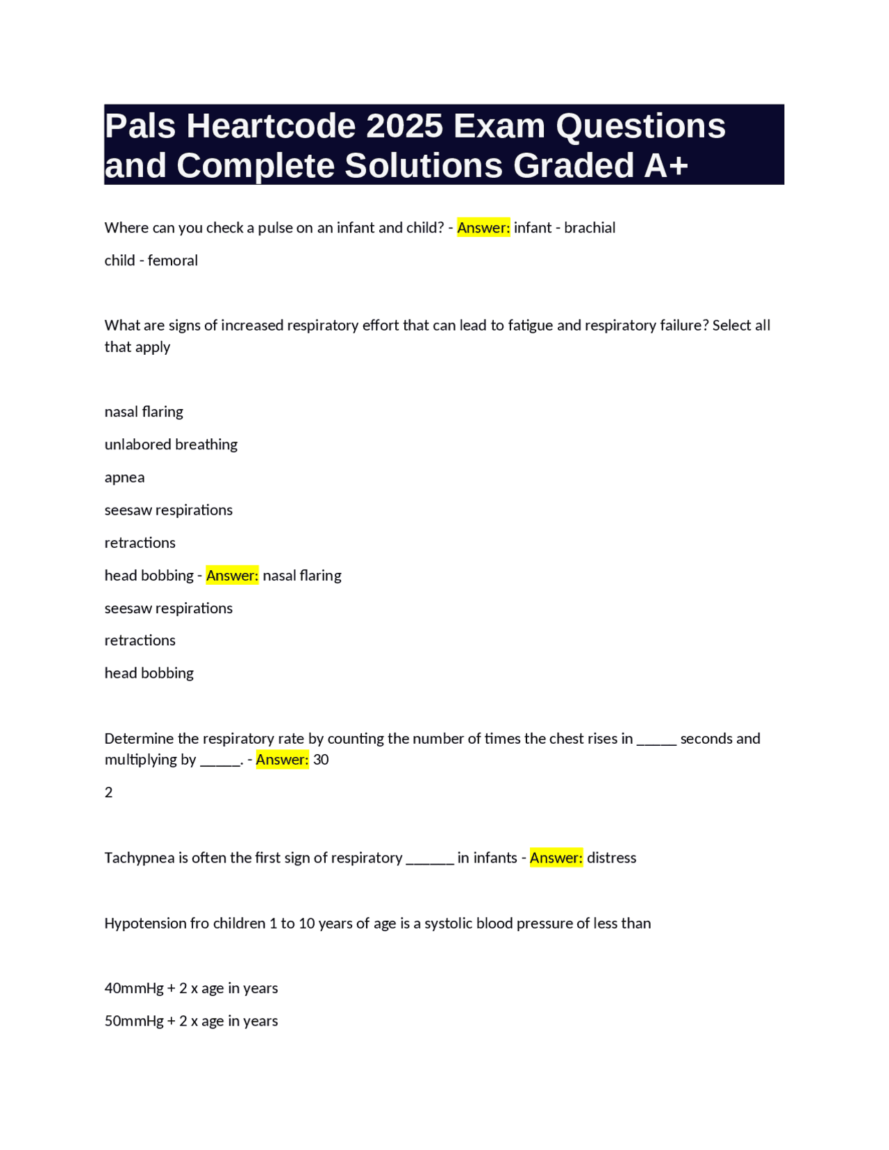 Pals Heartcode Exam Questions and Complete Solutions Graded A+ | Exams ...