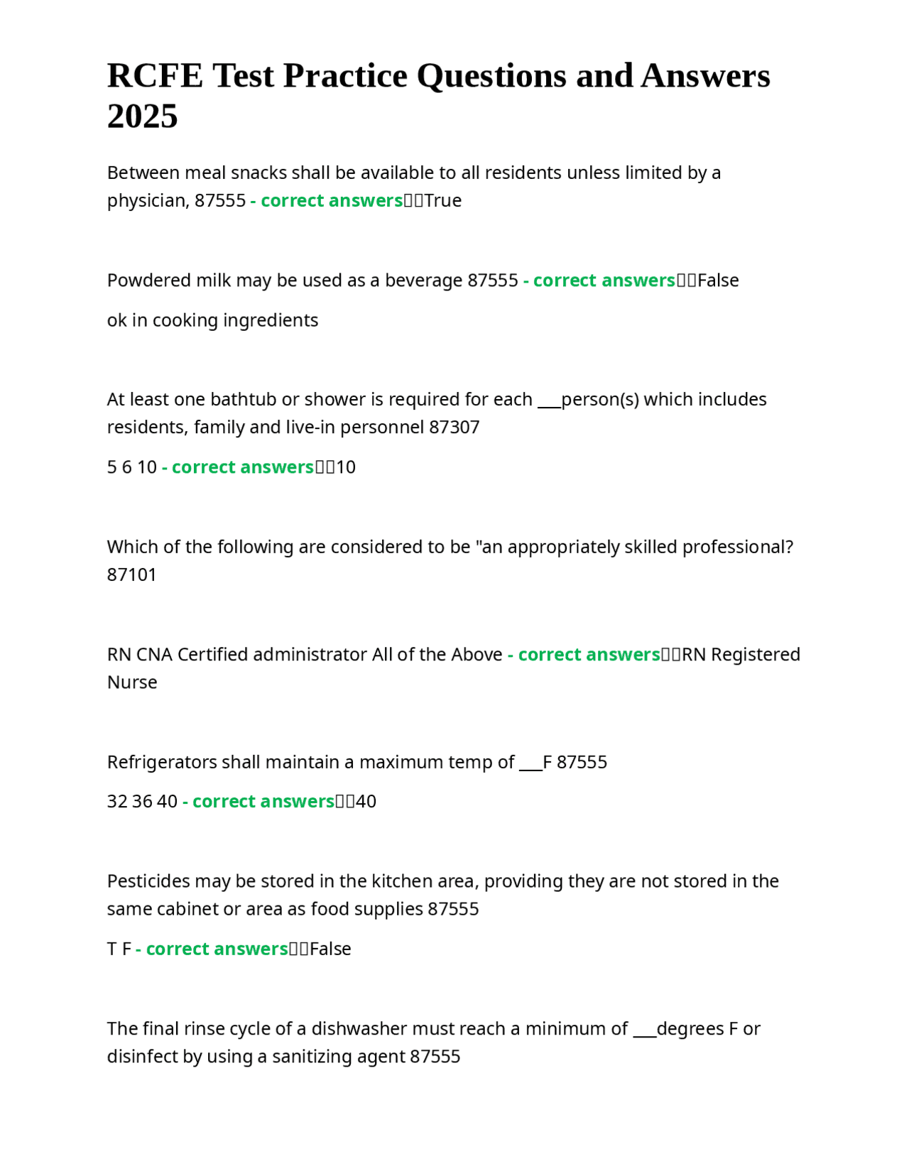 RCFE Test Practice Questions and Answers 2025 | Exams Nursing | Docsity