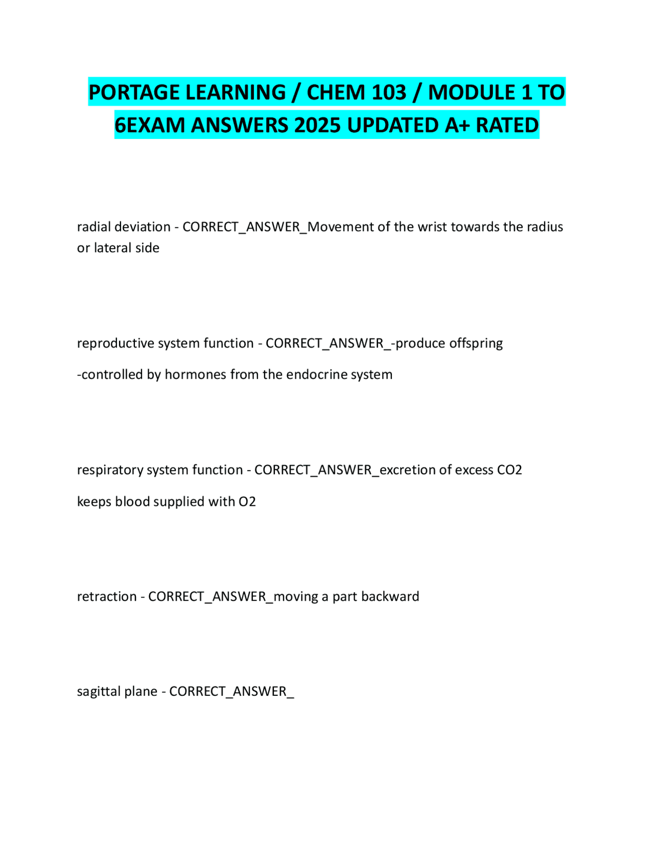 PORTAGE LEARNING / CHEM 103 / MODULE 1 TO 6EXAM ANSWERS 2025 UPDATED A+ RATED | Exams Nursing ...
