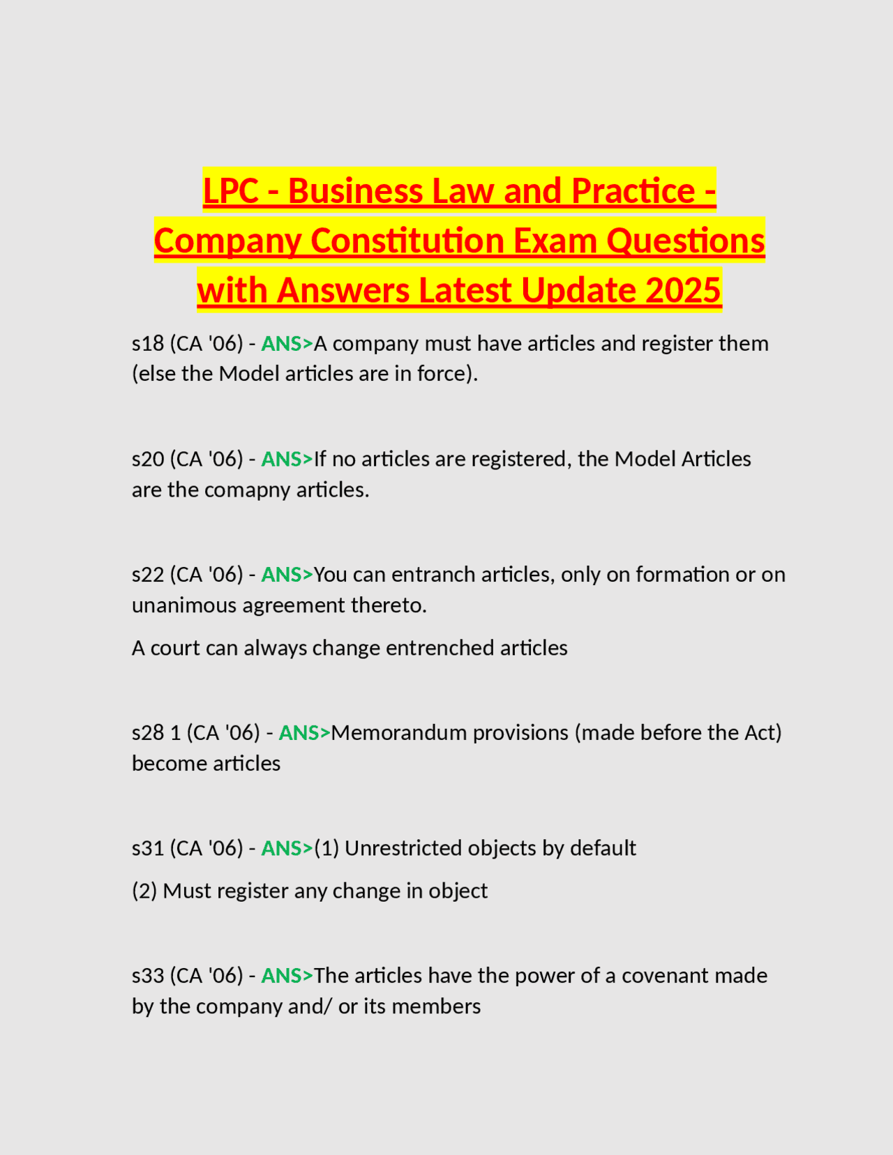 LPC - Business Law and Practice - Company Constitution Exam Questions ...