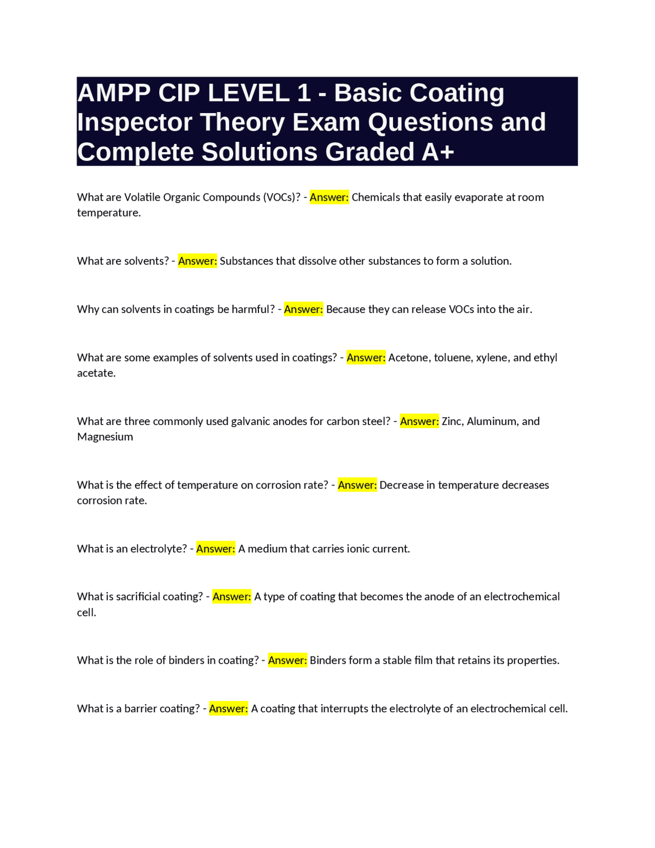 AMPP CIP LEVEL 1 - Basic Coating Inspector Theory Exam Questions and Complete Solutions Gr ...