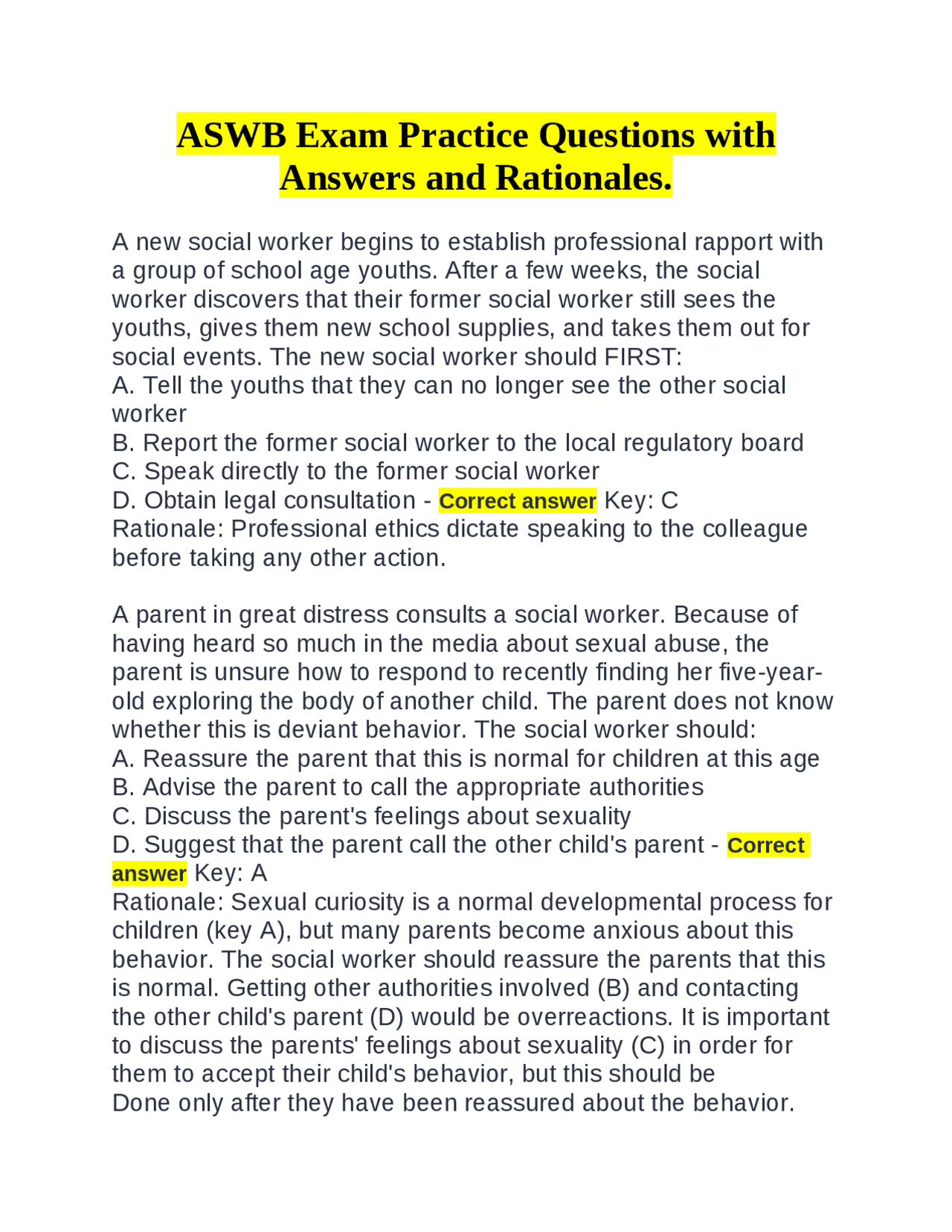 ASWB Exam Practice Questions with Answers and Rationales. | Exams ...