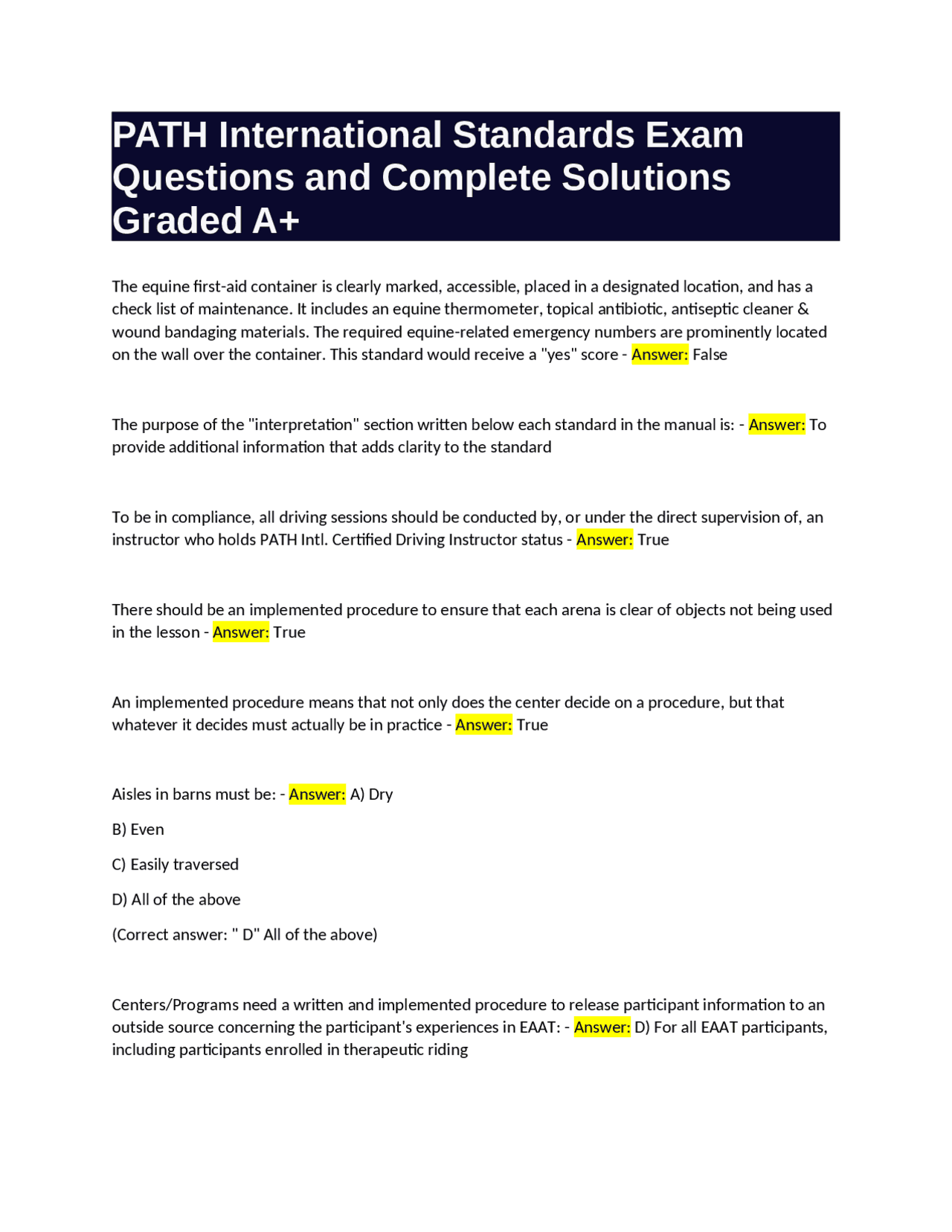 PATH International Standards Exam Questions and Complete Solutions ...