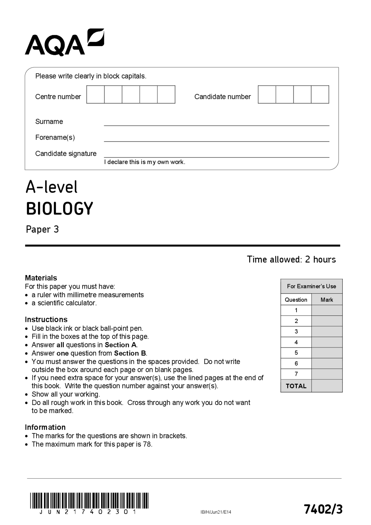 AQA A-level BIOLOGY Paper 3 EXAM | Exams Biology | Docsity