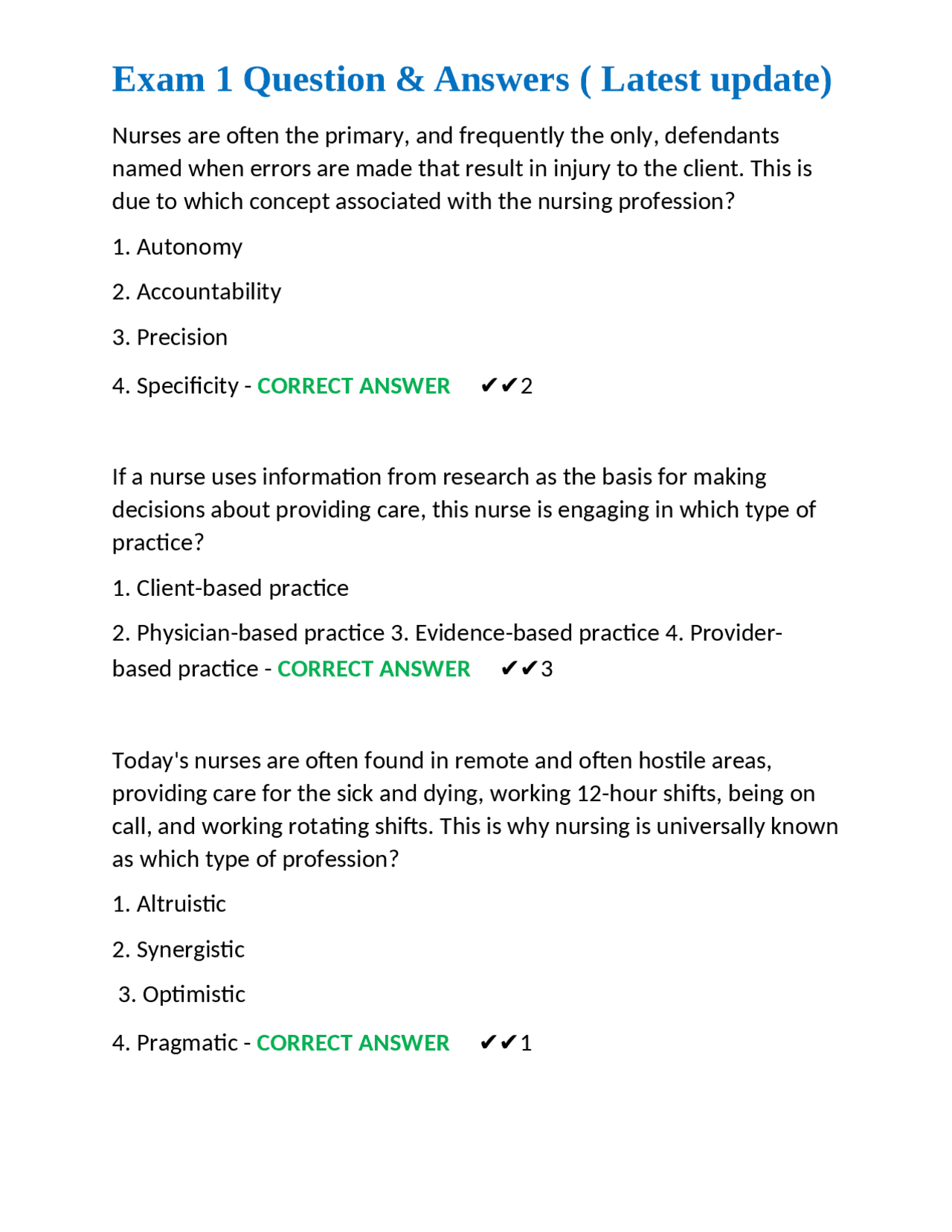 Exam 1 Question & Answers ( Latest update) | Exams Nursing | Docsity