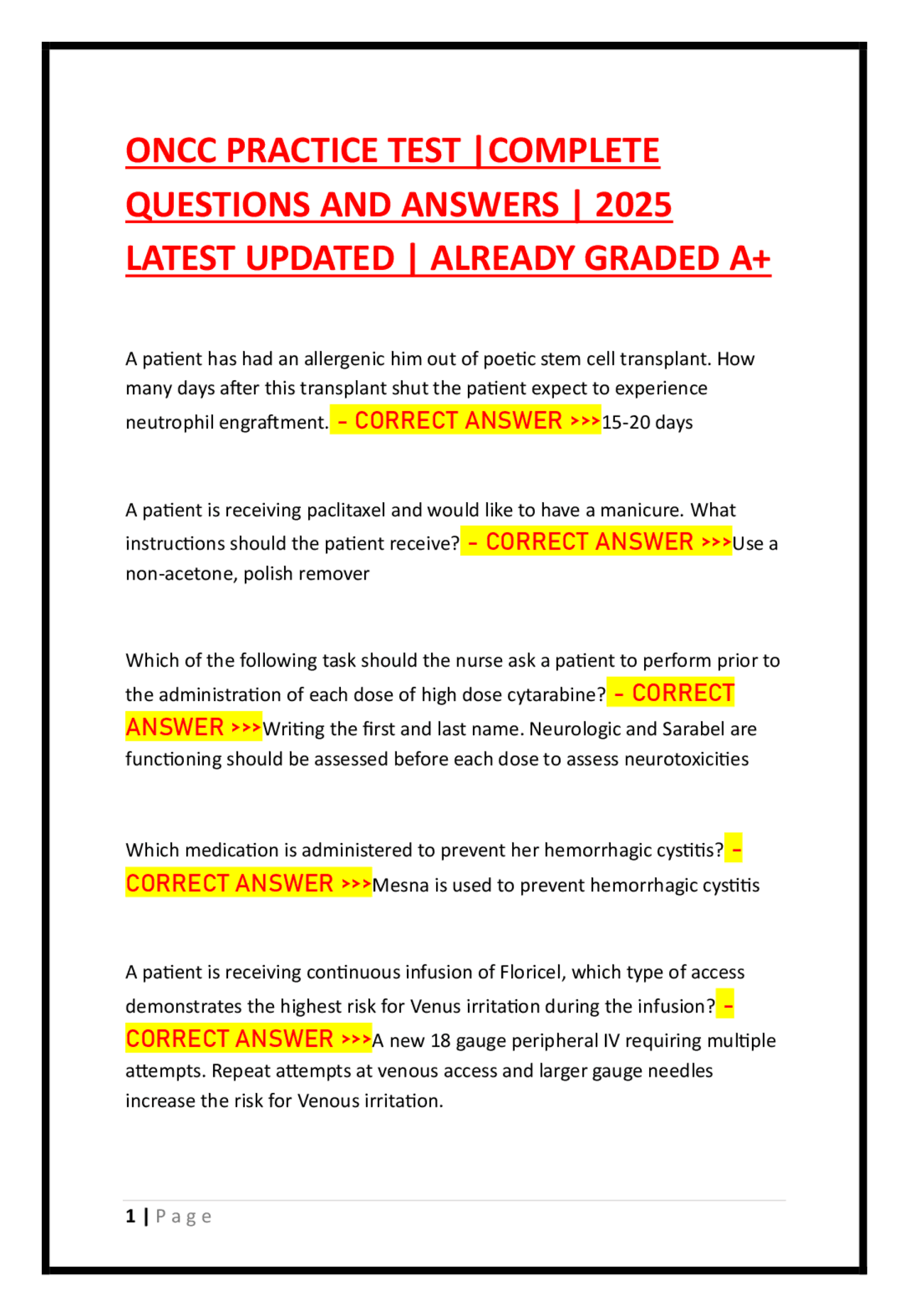 ONCC PRACTICE TEST |COMPLETE QUESTIONS AND ANSWERS | 2025 LATEST ...