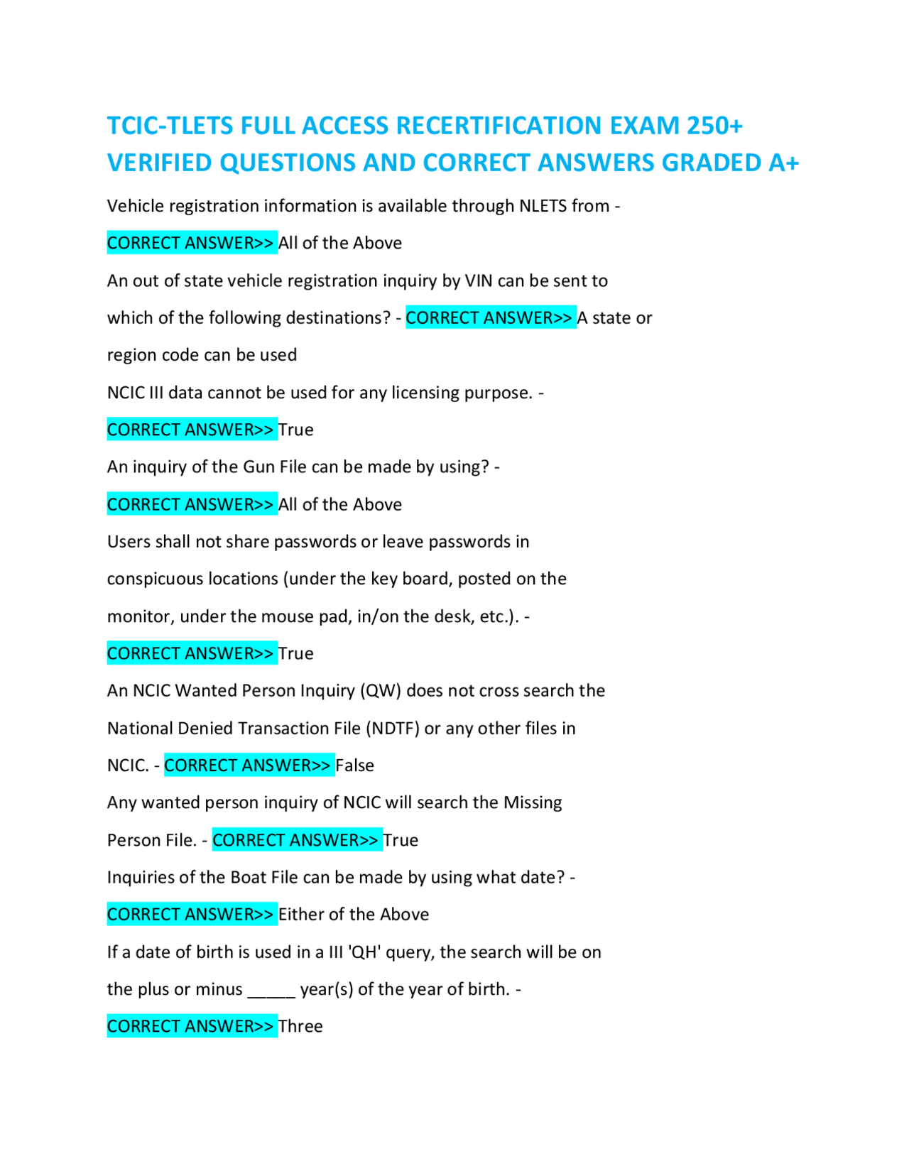 TCIC-TLETS FULL ACCESS RECERTIFICATION EXAM 250+ VERIFIED QUESTIONS AND ...