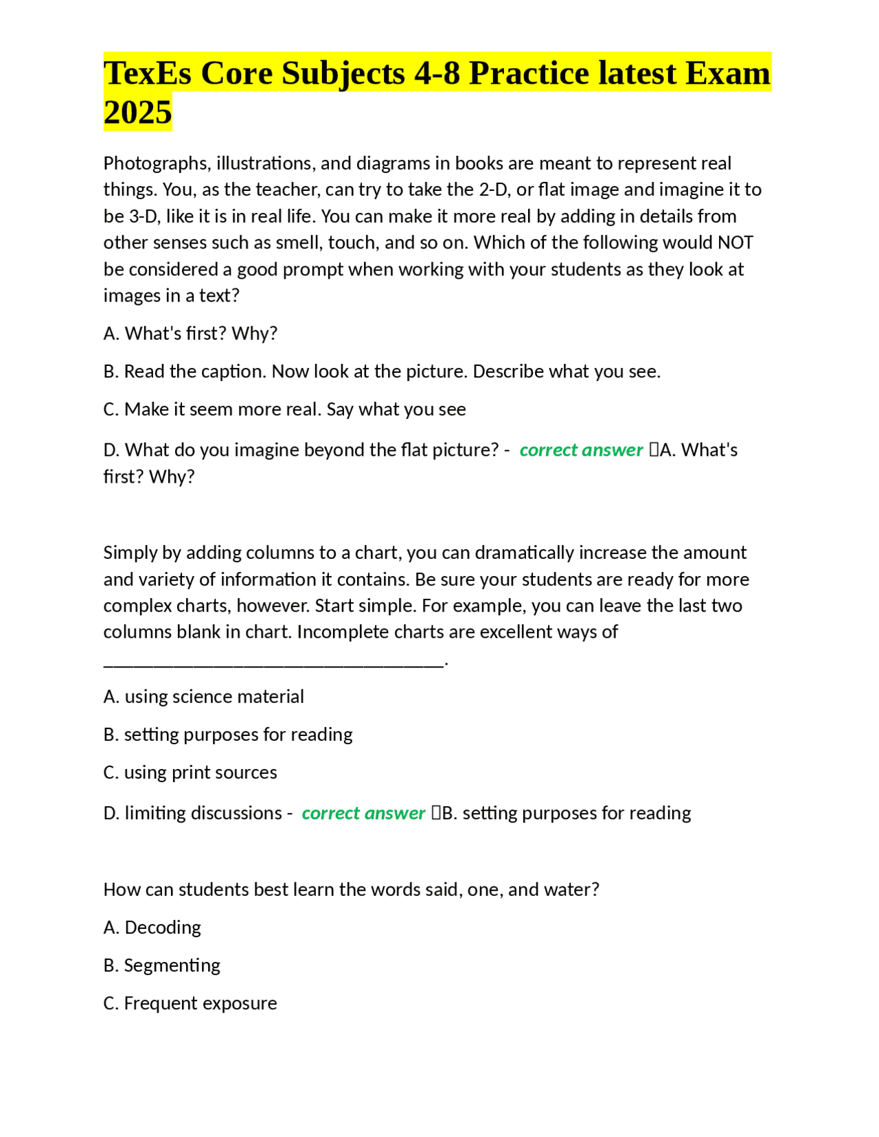 TexEs Core Subjects 4-8 Practice latest Exam 2025 | Exams Nursing | Docsity