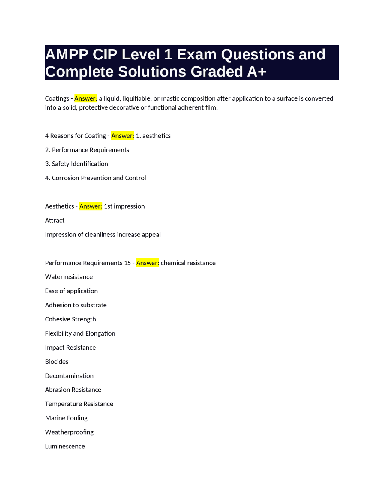 AMPP CIP Level 1 Exam Questions and Complete Solutions Graded A+ | Exams Engineering | Docsity