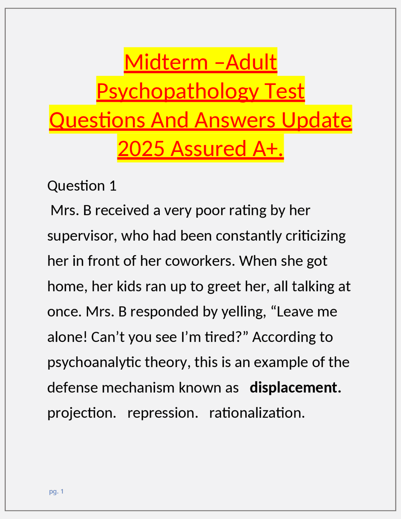 Midterm –Adult Psychopathology Test Questions And Answers Update 2025 ...