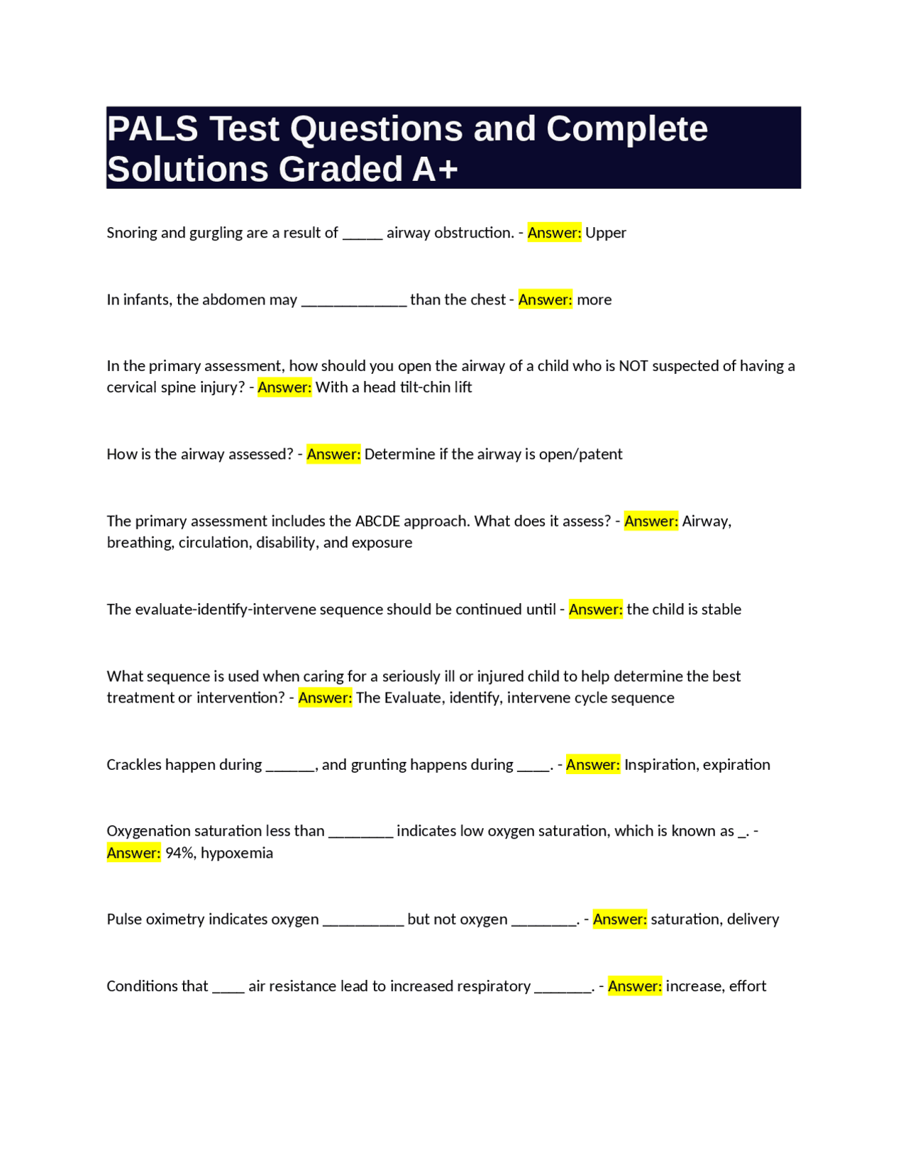 PALS Test Questions and Correct Solutions Graded A+ | Exams Medicine ...