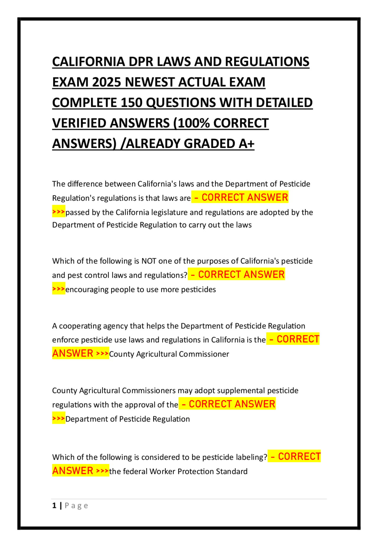 CALIFORNIA DPR LAWS AND REGULATIONS EXAM 2025 NEWEST ACTUAL EXAM ...