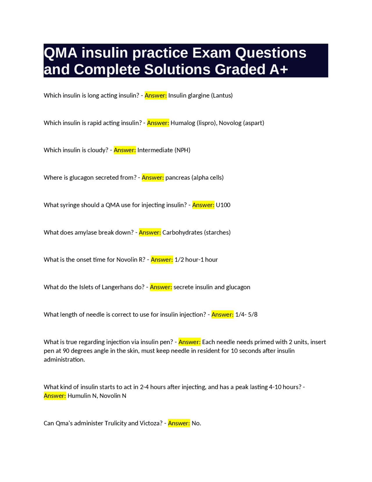 QMA insulin practice Exam Questions and Complete Solutions Graded A+ ...