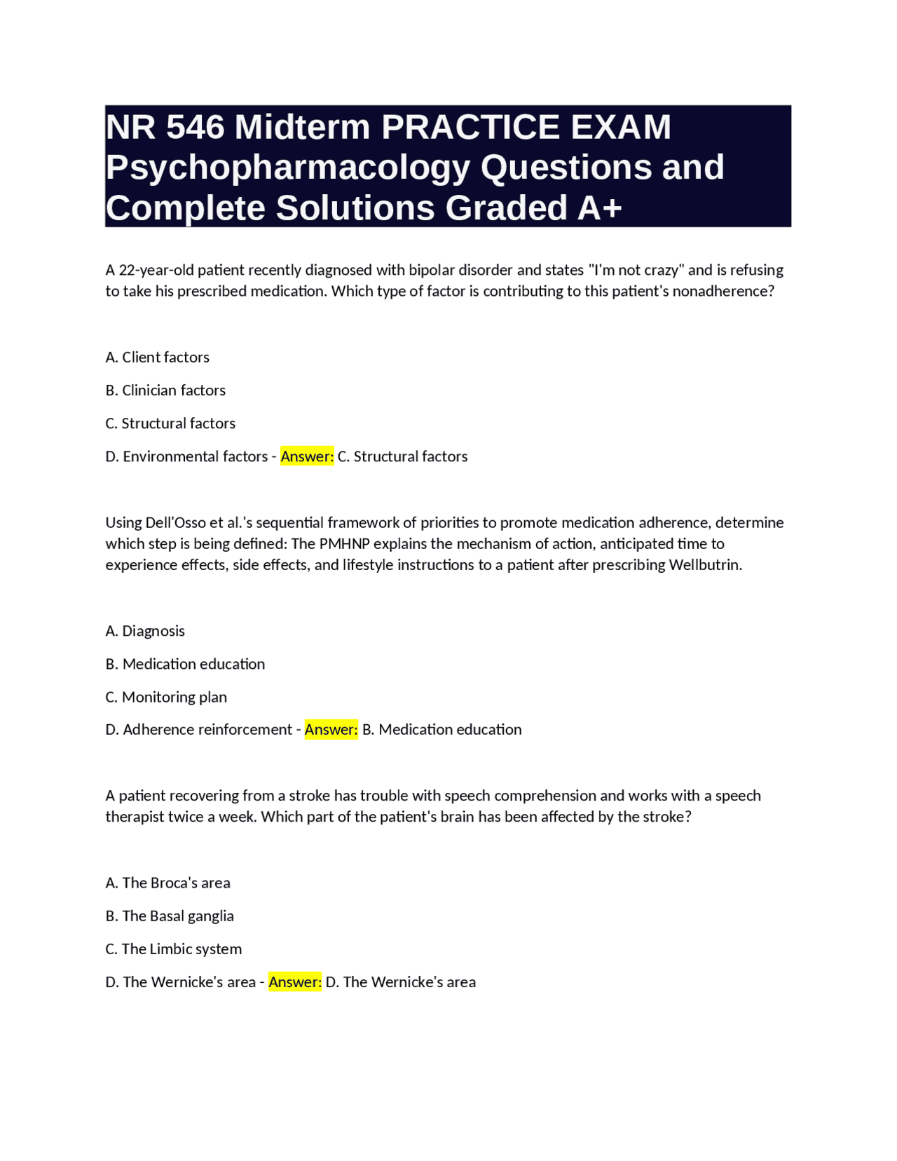 NR 546 Midterm PRACTICE EXAM Psychopharmacology Questions and Complete Solutions Graded A+ ...