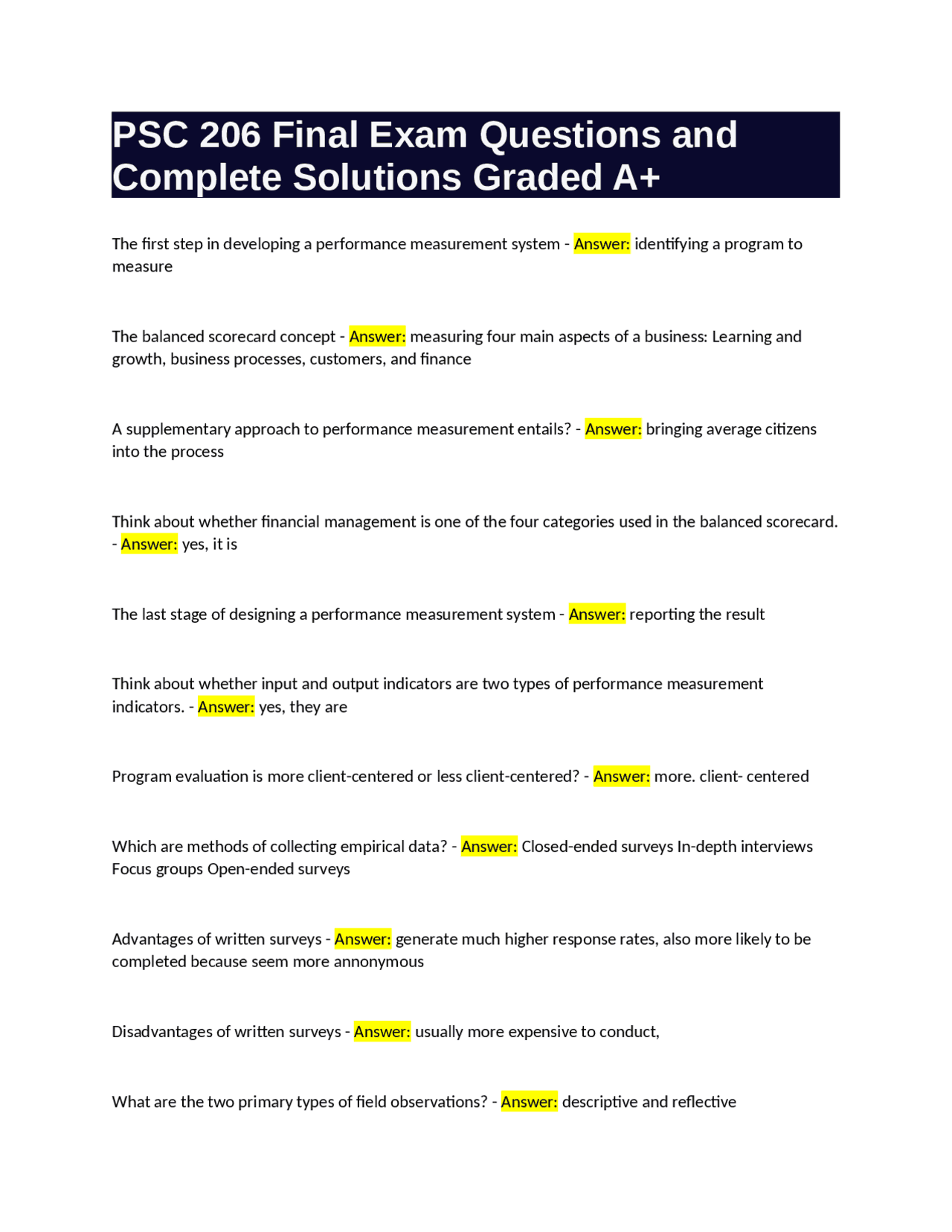 PSC 206 Final Exam Questions and Complete Solutions Graded A+ | Exams Business Management and ...