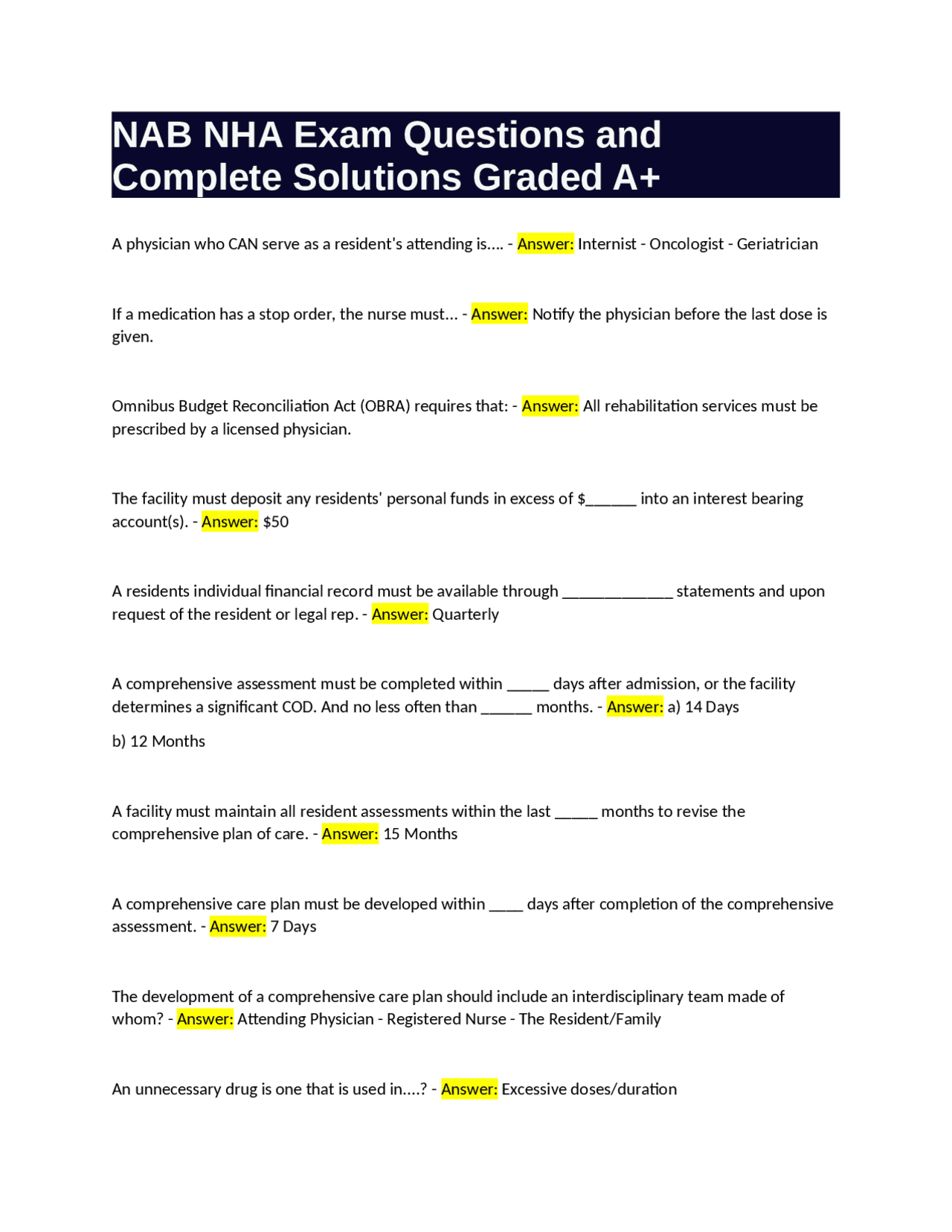NAB NHA Exam Questions and Complete Solutions Graded A+ | Exams ...