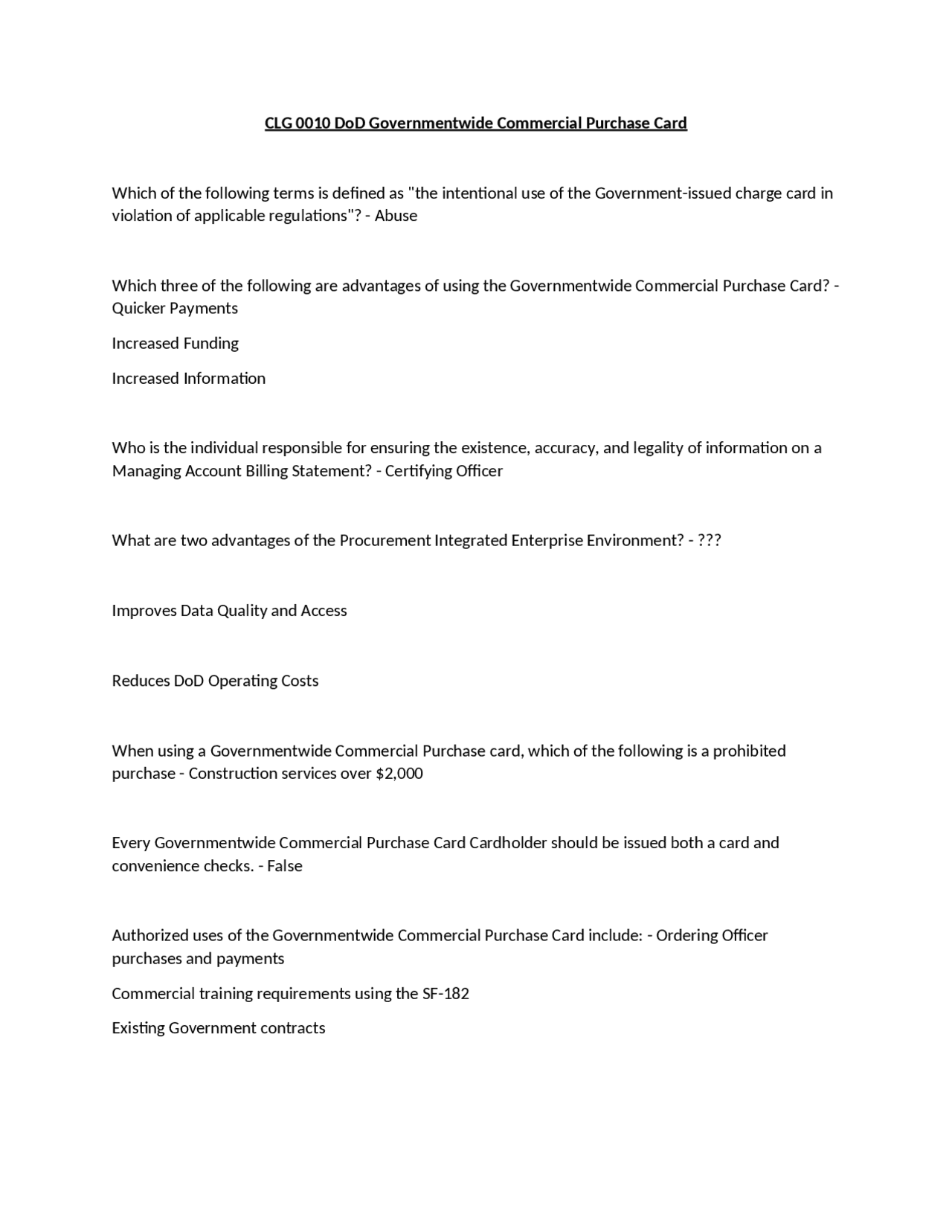 CLG 0010 DoD Governmentwide Commercial Purchase Card | Exams Advanced Education | Docsity
