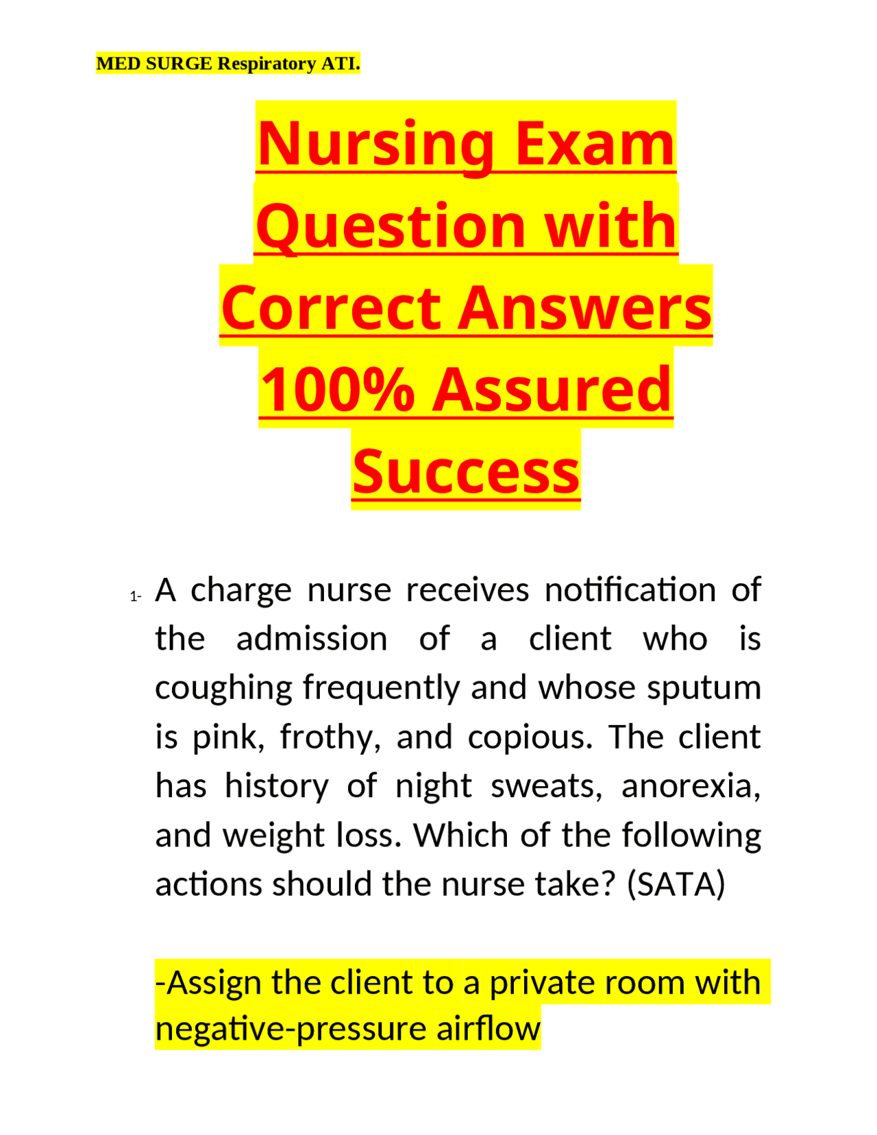 Nursing Exam Question with Correct Answers 100% Assured Success | Exams ...