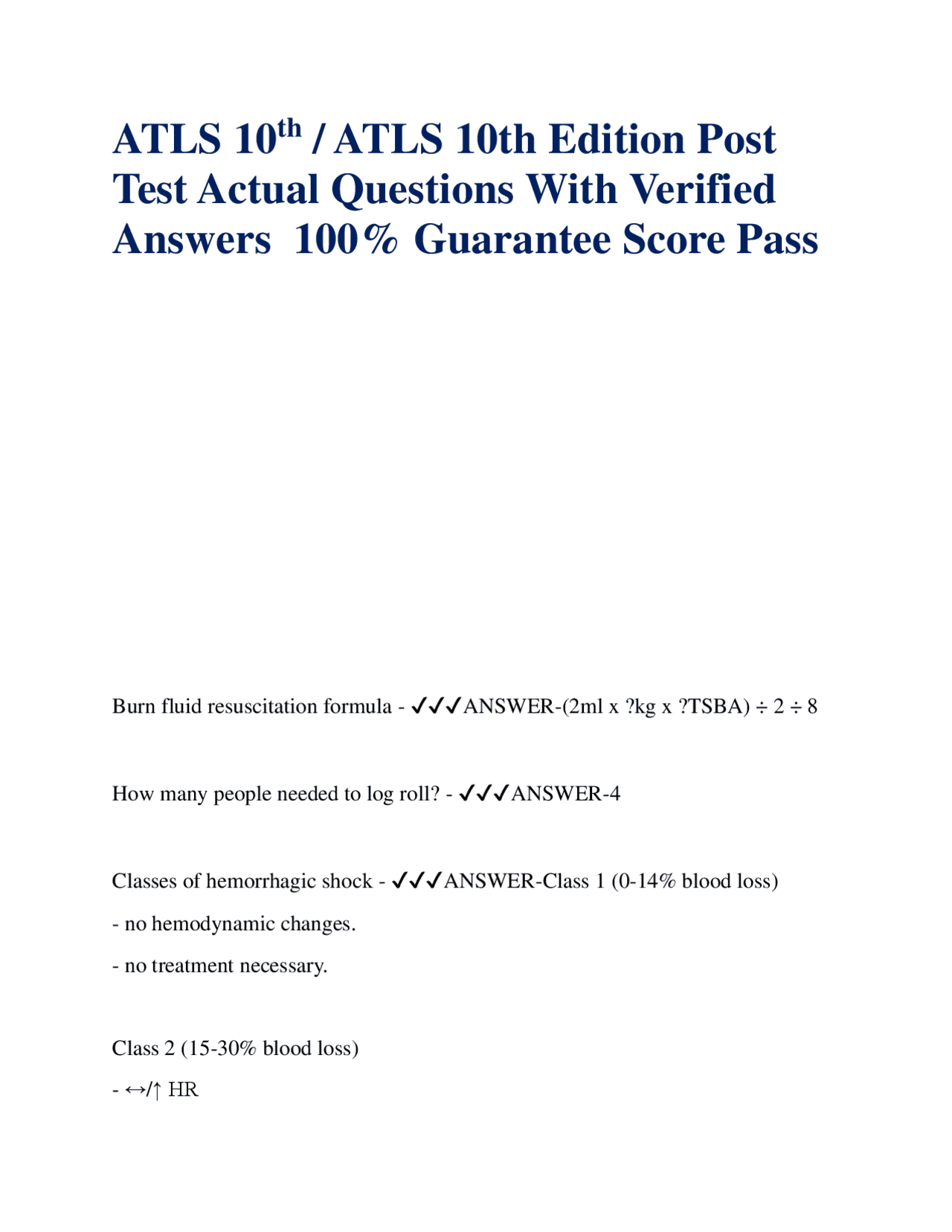 ATLS 10th / ATLS 10th Edition Post Test Actual Questions With Verified ...
