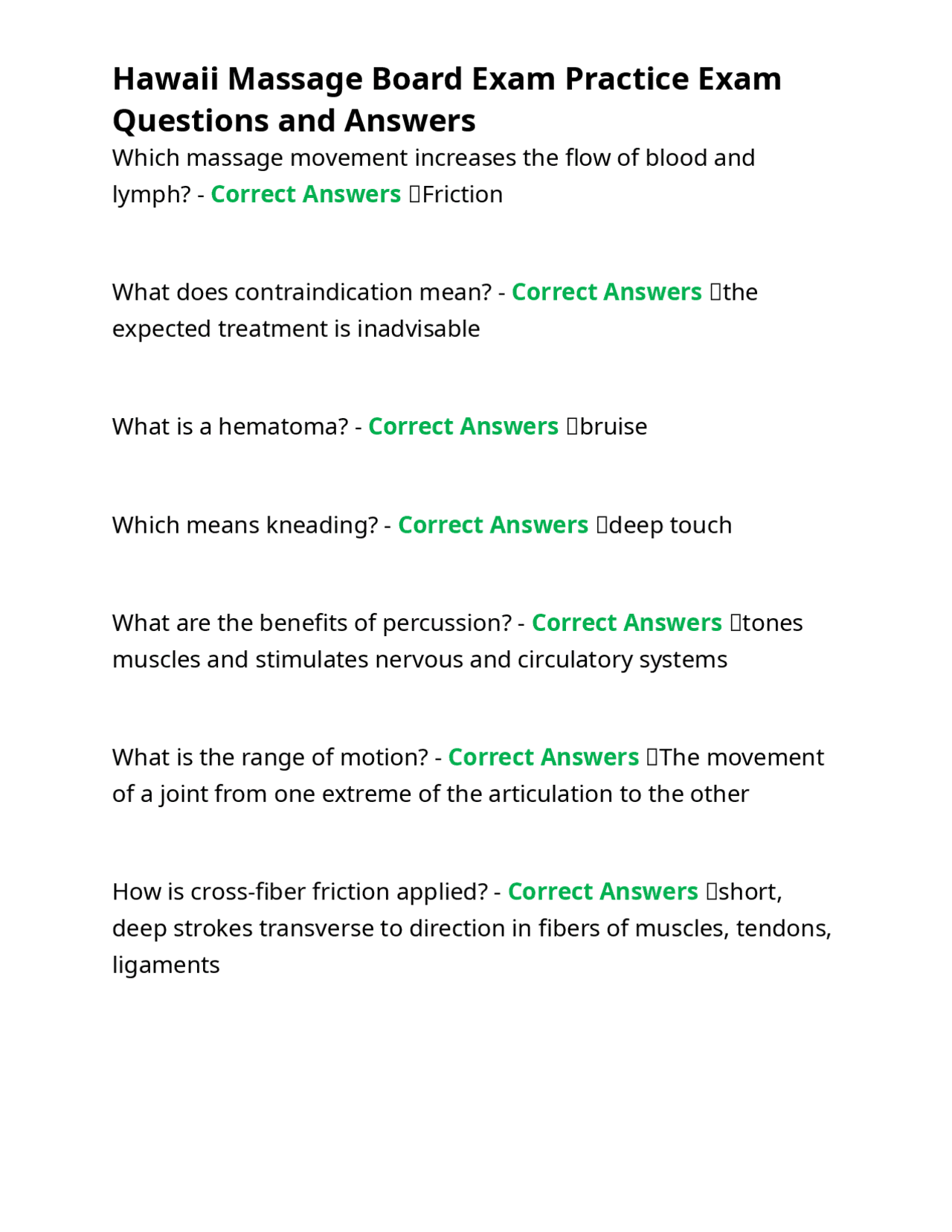 Hawaii Massage Board Exam Practice Exam Questions and Answers | Exams ...