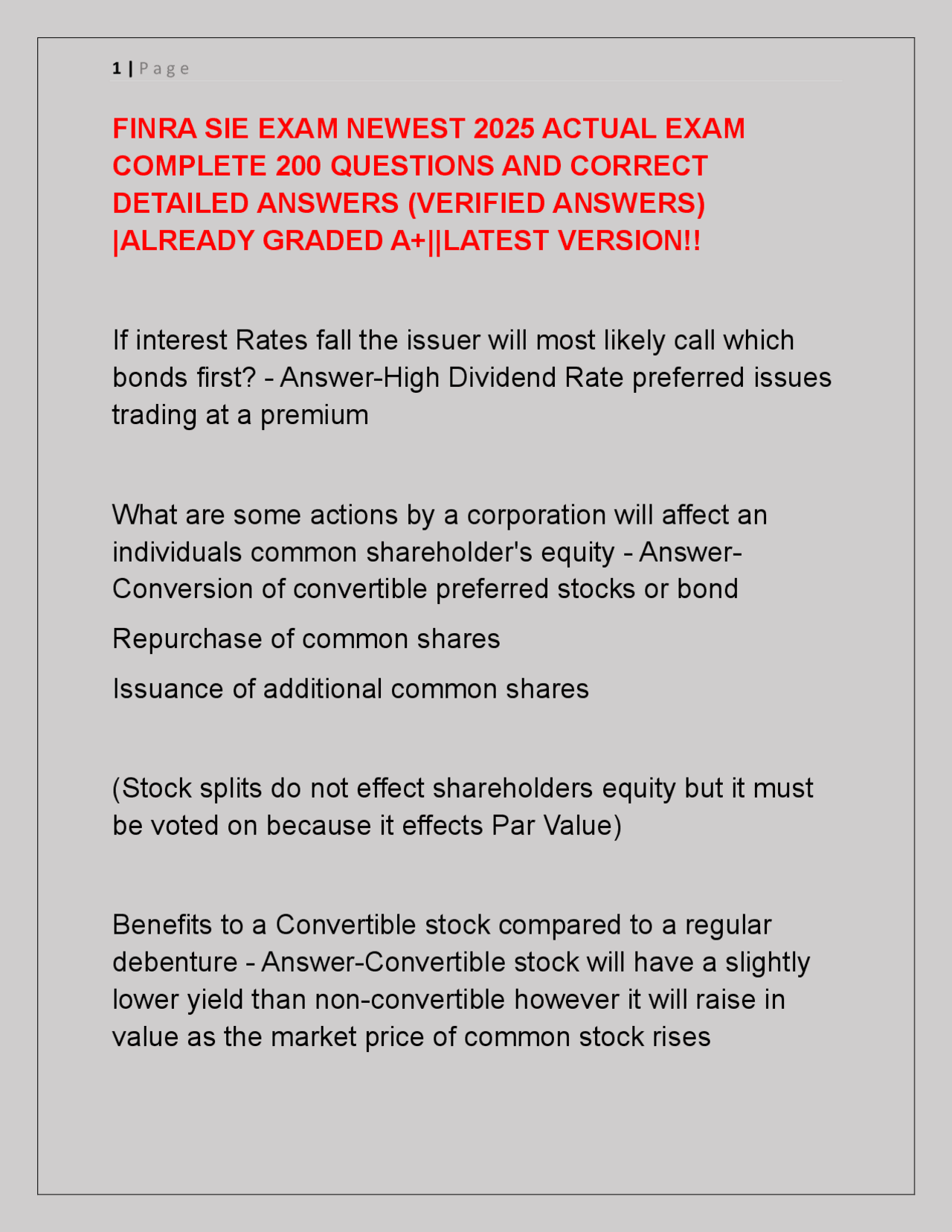 FINRA SIE EXAM NEWEST 2025 ACTUAL EXAM COMPLETE 200 QUESTIONS AND ...
