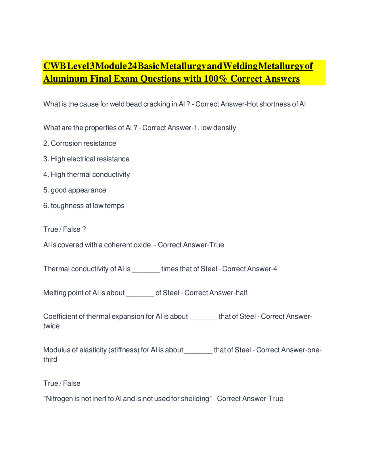 CWB Level 3 Module 24 Basic Metallurgy and Welding Metallurgy of Aluminum Final Exam Quest ...