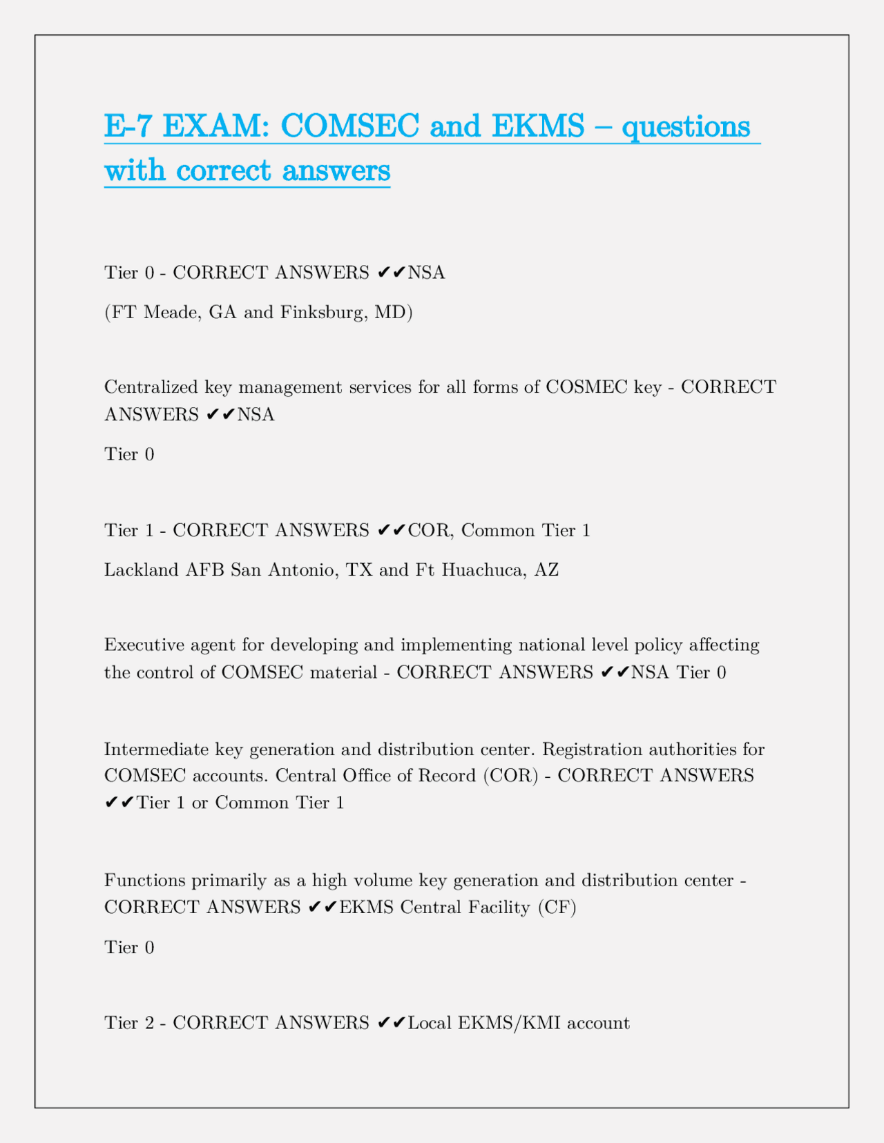 E-7 EXAM- COMSEC and EKMS – questions with correct answers | Exams Communication | Docsity