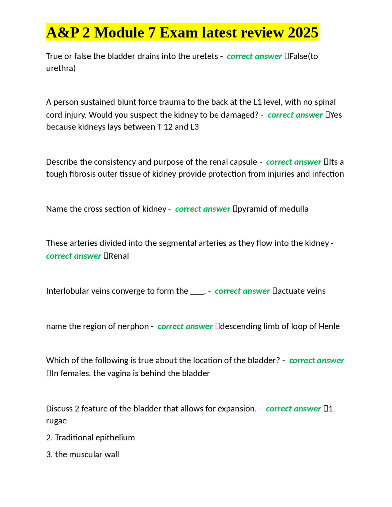 A&P 2 Module 7 Exam latest review 2025 | Exams Nursing | Docsity
