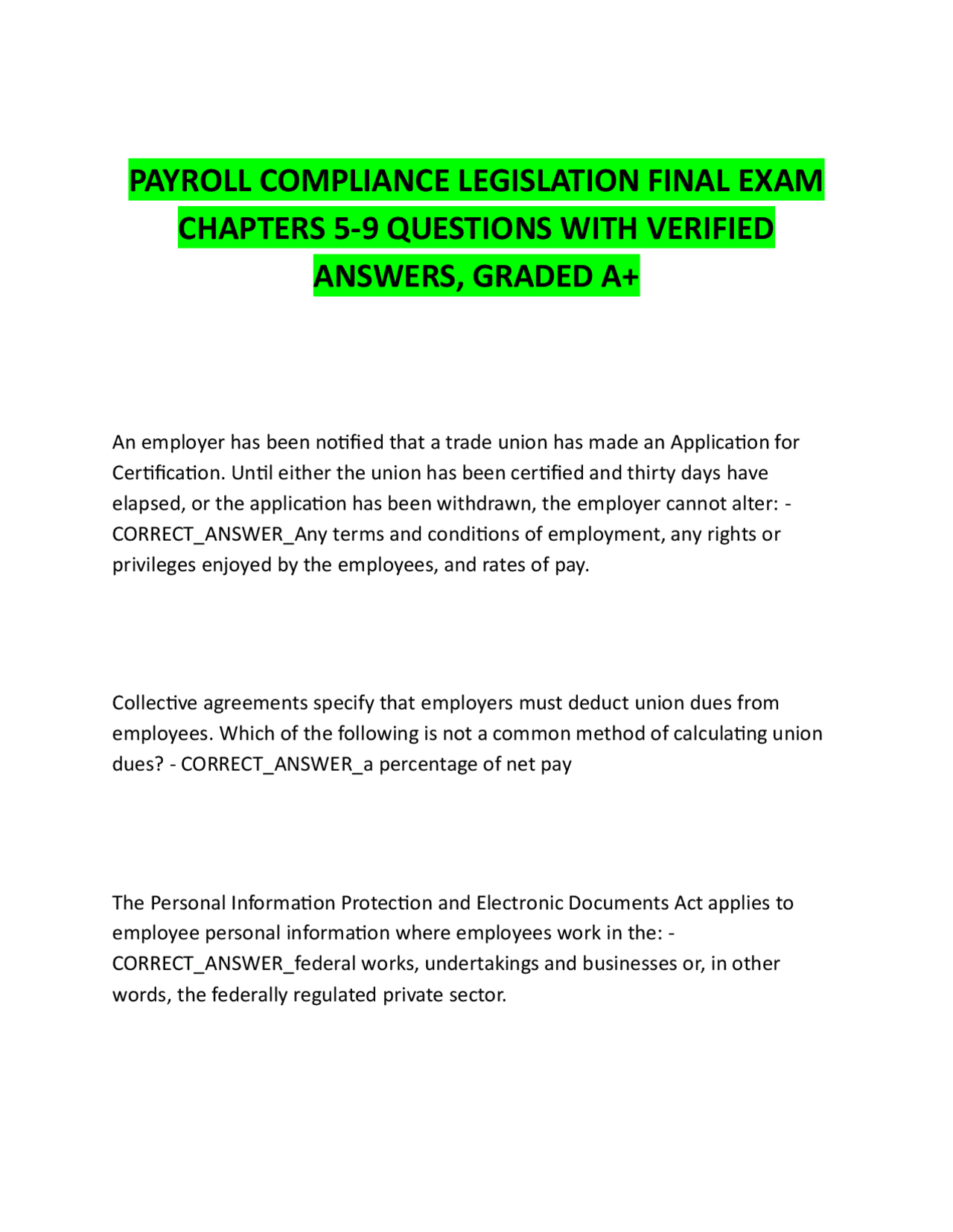 PAYROLL COMPLIANCE LEGISLATION FINAL EXAM CHAPTERS 5-9 QUESTIONS WITH ...