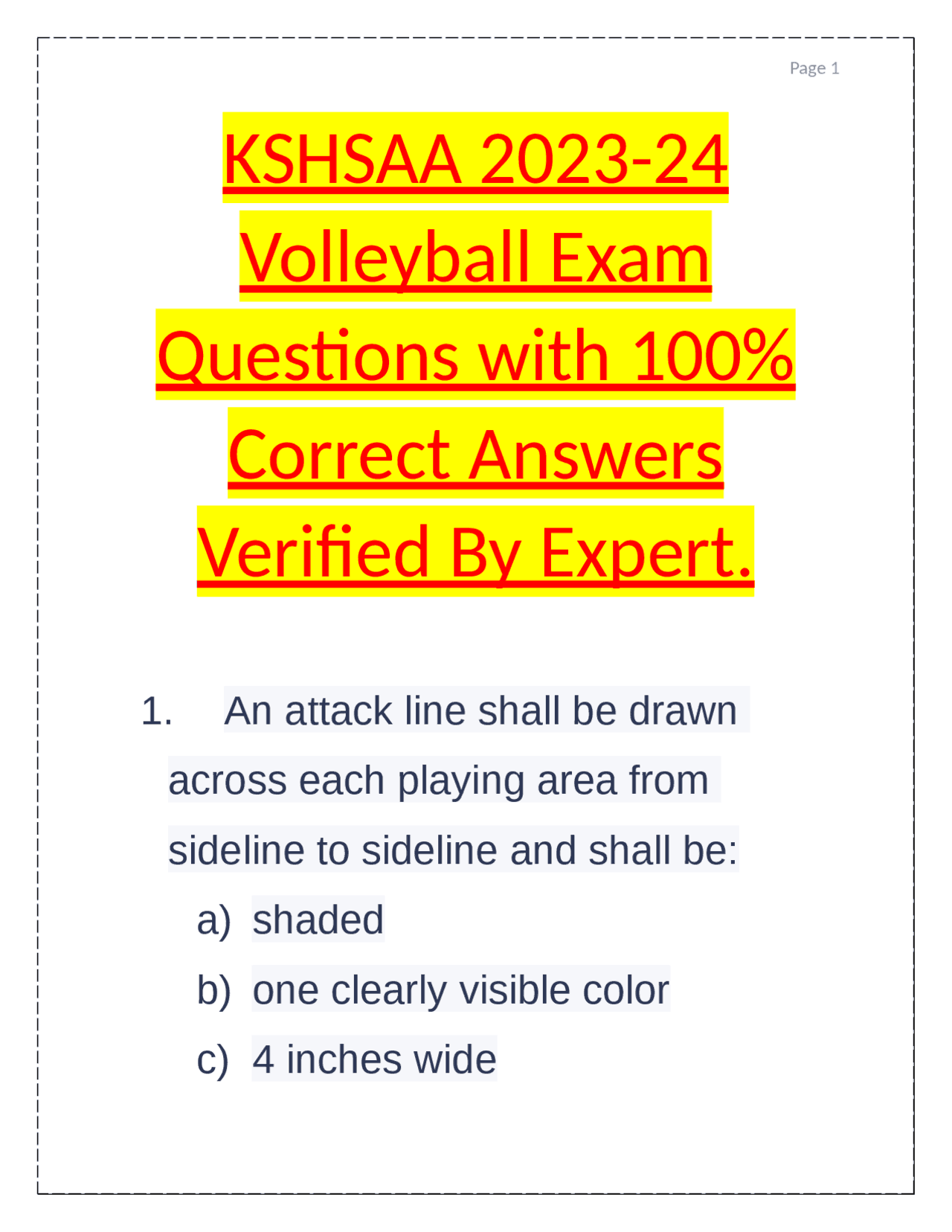 KSHSAA 2023-24 Volleyball Exam Questions with 100% Correct Answers ...
