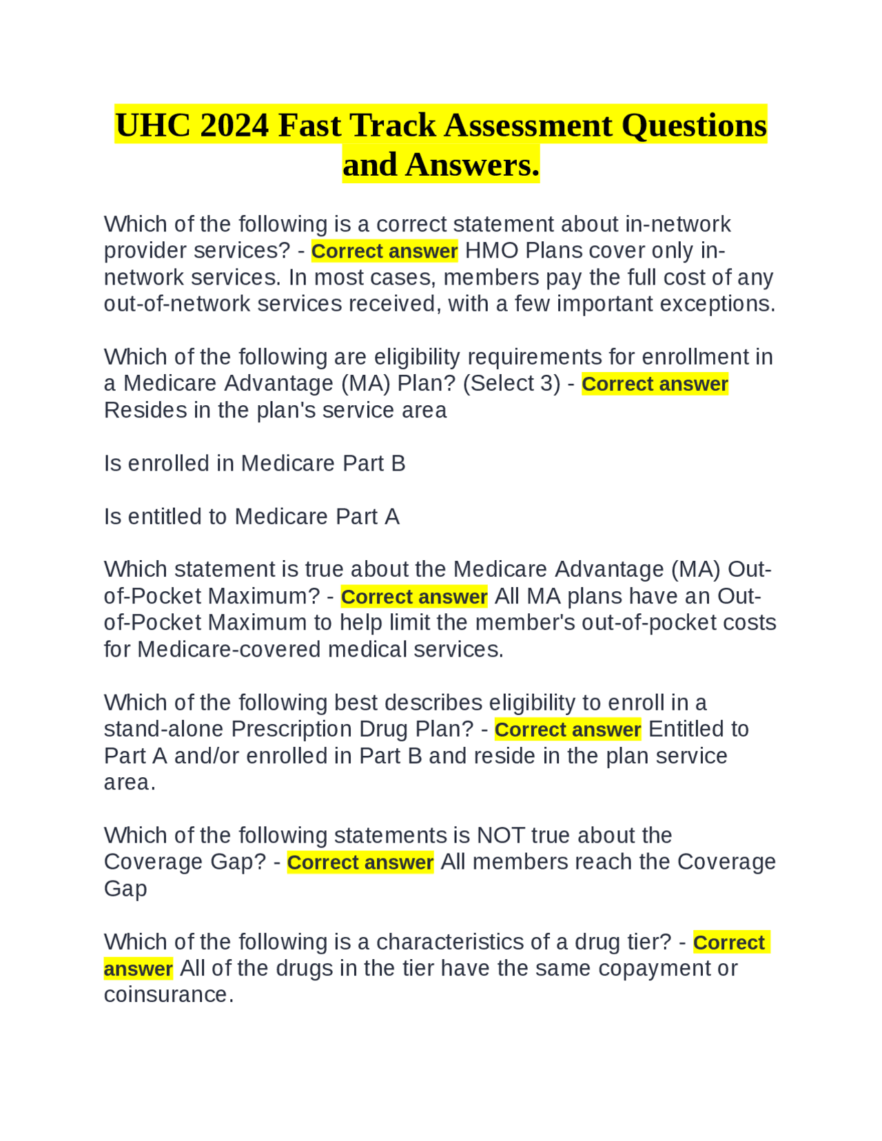 UHC 2024 Fast Track Assessment Questions and Answers. | Exams Ethics ...