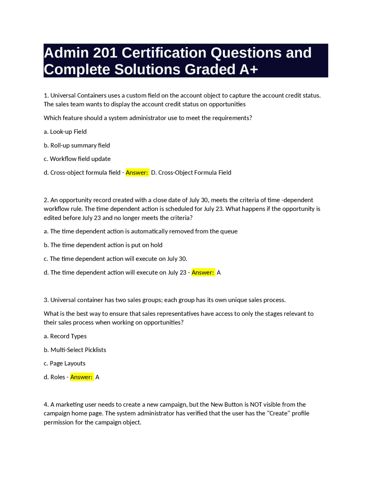 Admin 201 Certification Questions and Complete Solutions Graded A+ ...