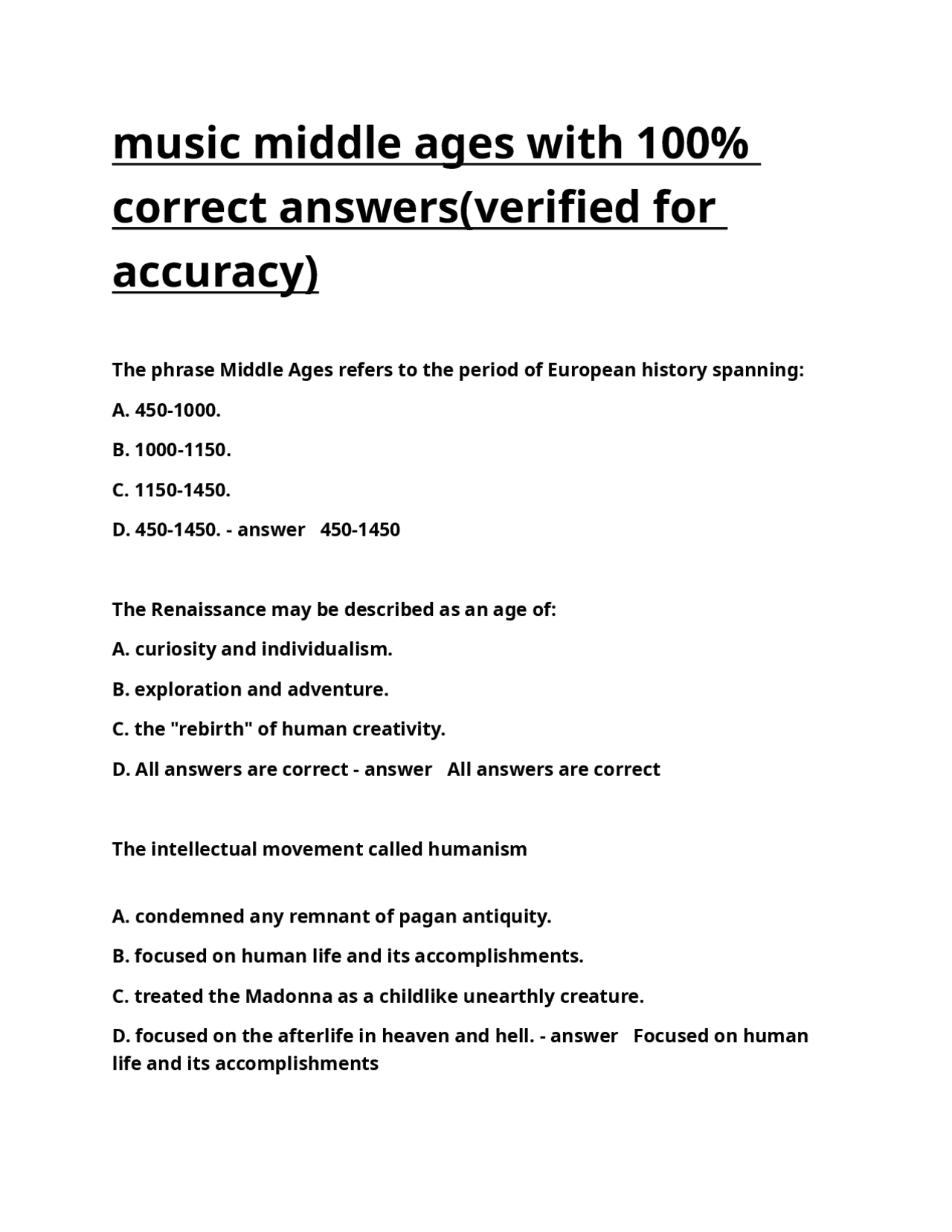 music middle ages with 100% correct answers(verified for accuracy).docx ...