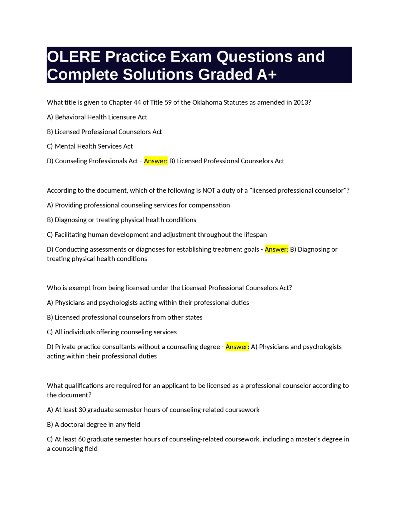 OLERE Practice Exam Questions and Complete Solutions Graded A+ | Exams ...