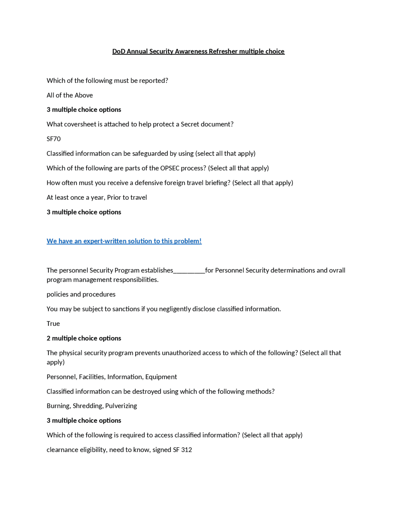 DoD Annual Security Awareness Refresher multiple choice | Exams ...