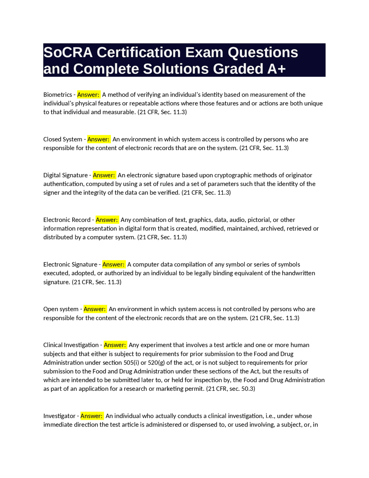 SoCRA Certification Exam Questions with Complete Solutions Graded A+ ...